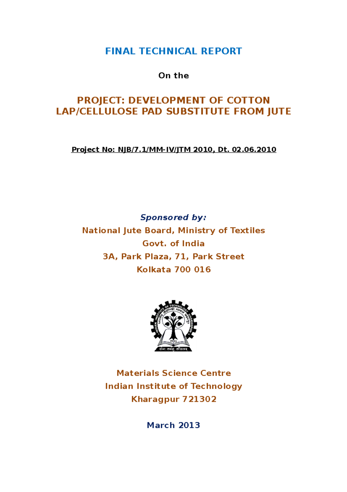 Technical report template 11 - FINAL TECHNICAL REPORT On the PROJECT ...