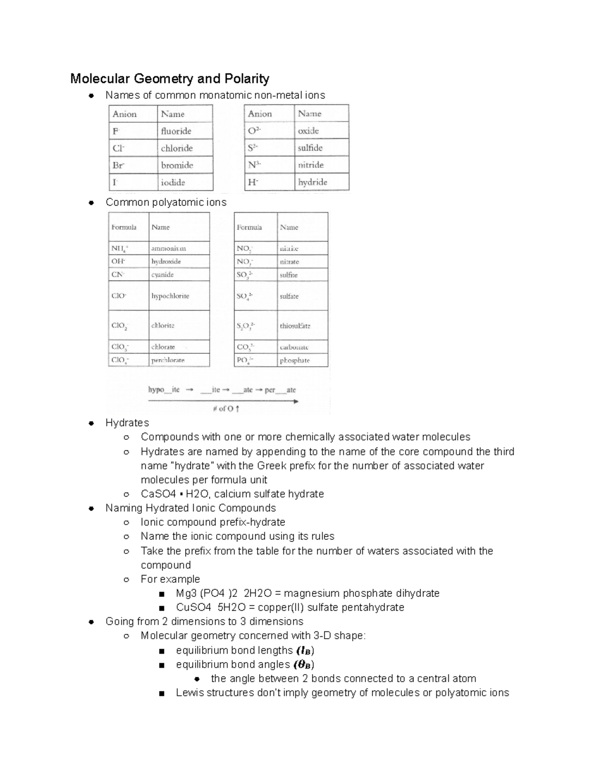 Lecture 8 Molecular Geometry and Polarity - Molecular Geometry and ...