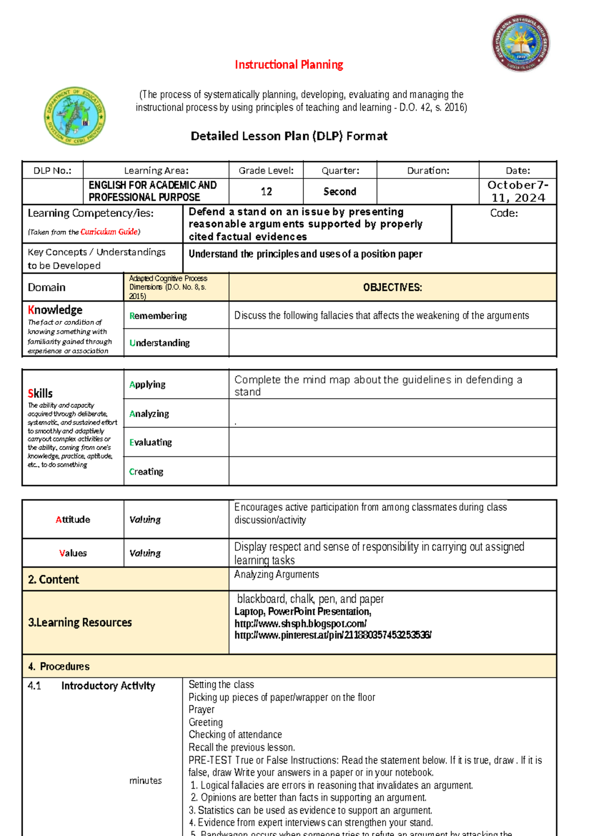2nd DLP sure - detailed lesson plan - Instructional Planning (The process of systematically ...