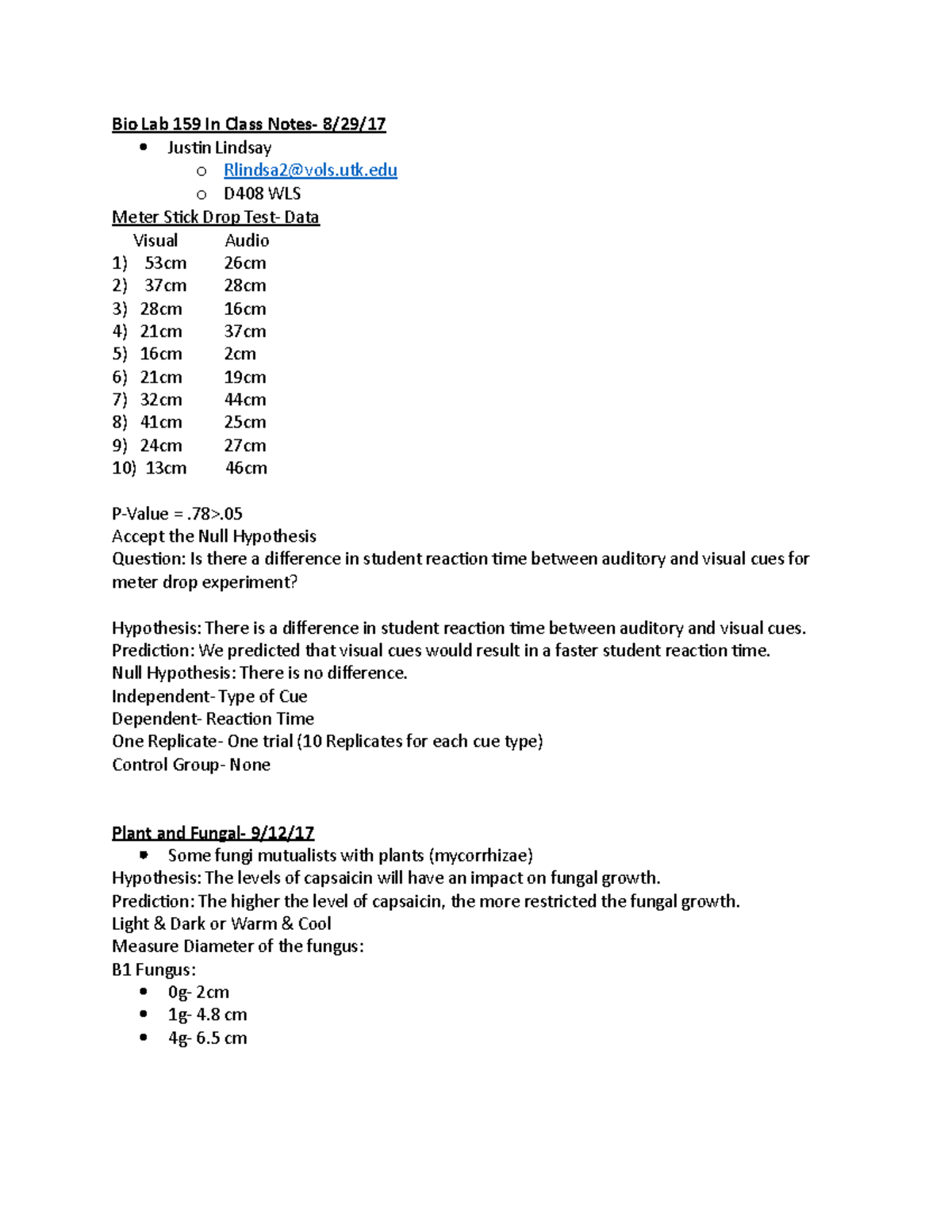 Bio Lab 159 In Class Notes - Bio Lab 159 In Class Justin Lindsay o o ...