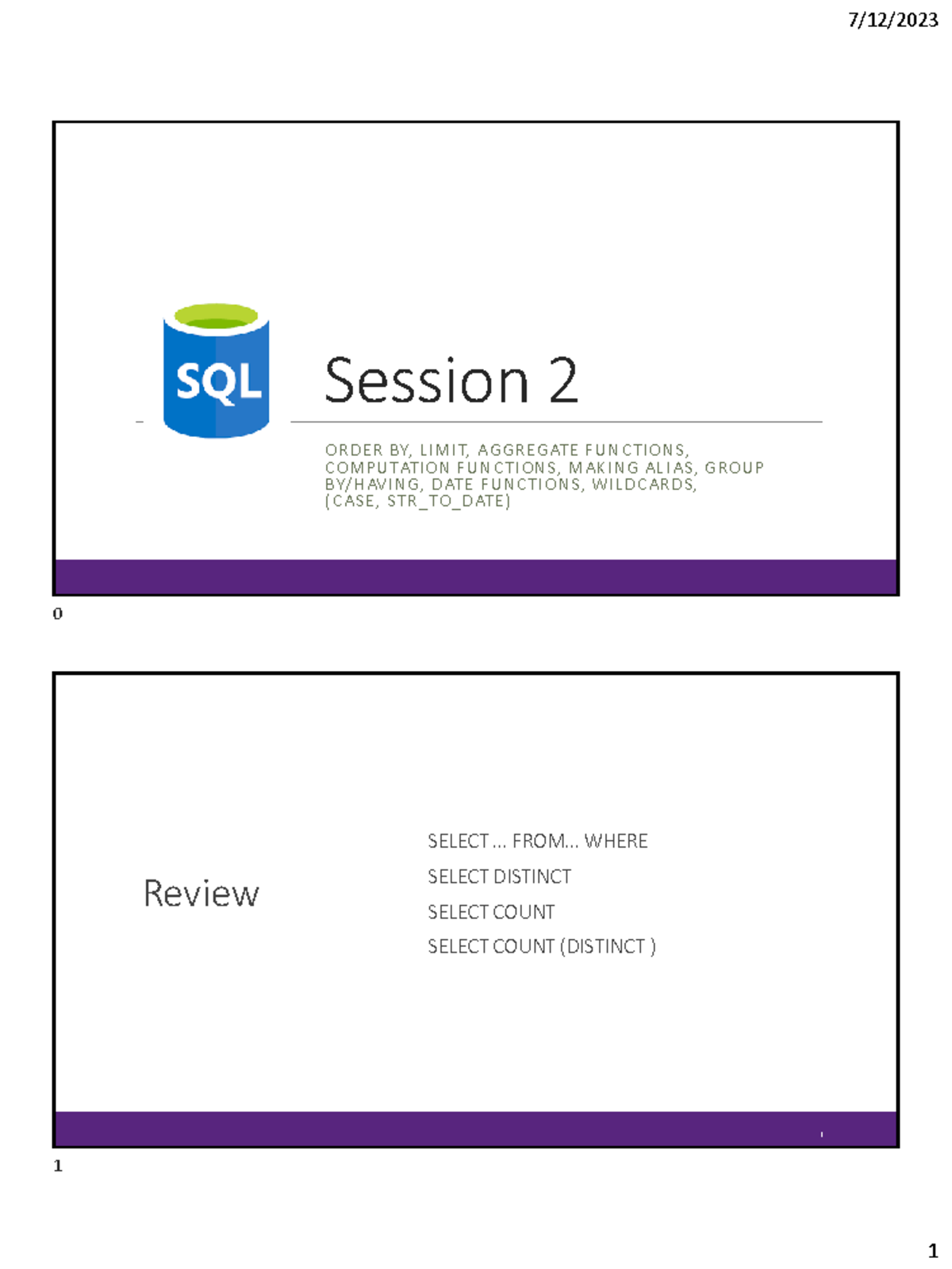 S2 Lecture Sql Material Session 2 Or De R By L I Mi T Ag G R Egate F U N C T I Ons 
