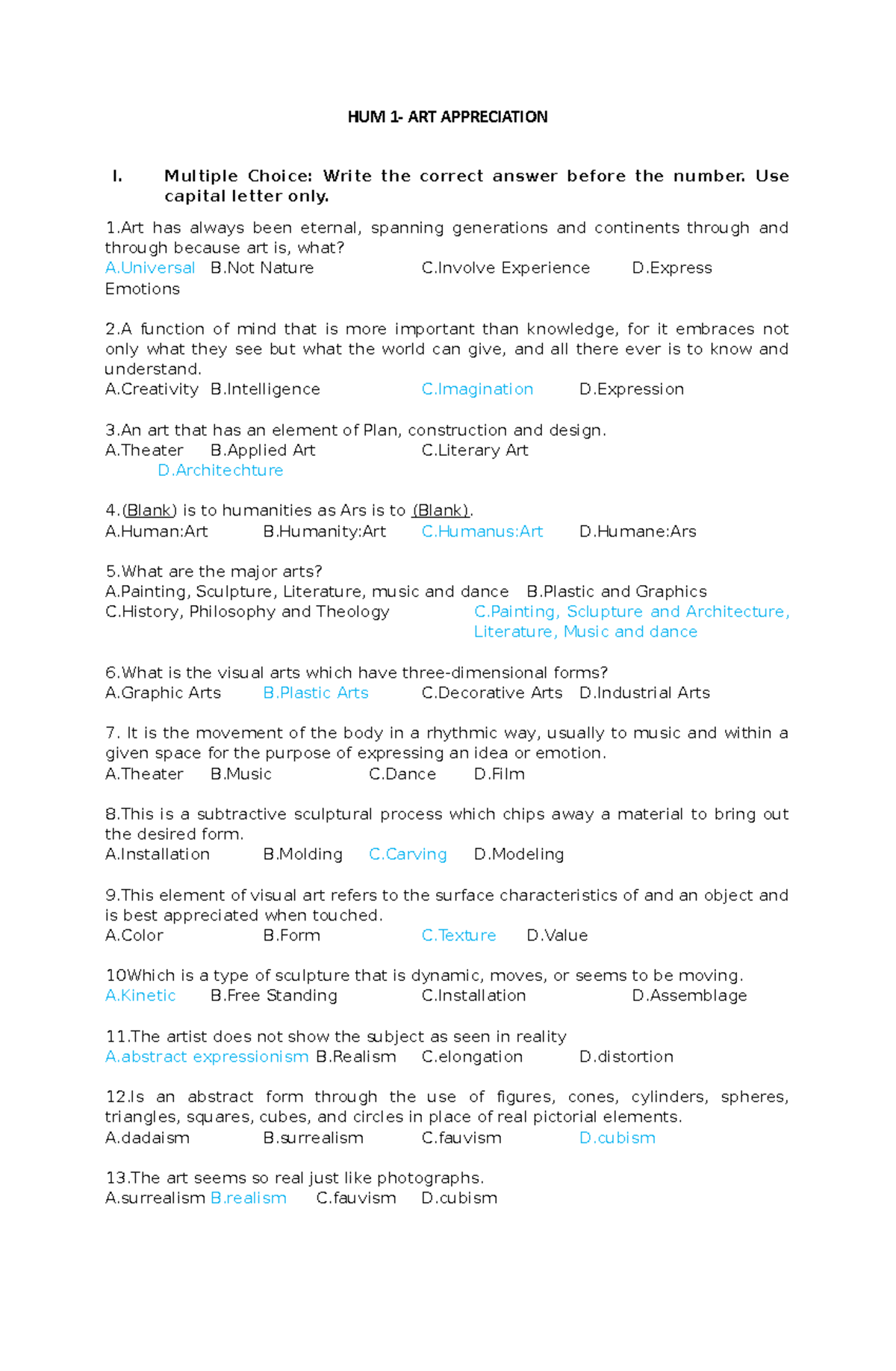 Assesment test - assessment test on hum 1 art appreciation - HUM 1- ART ...