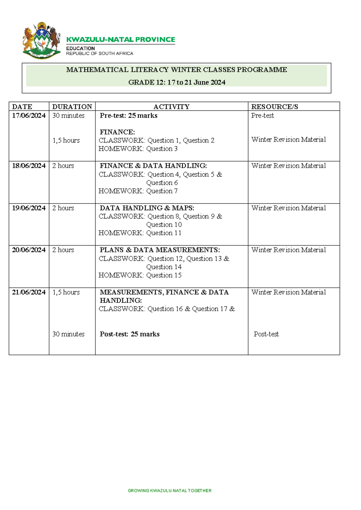 Mathematical Literacy Winter Classes Programme 2024 - DATE DURATION ...