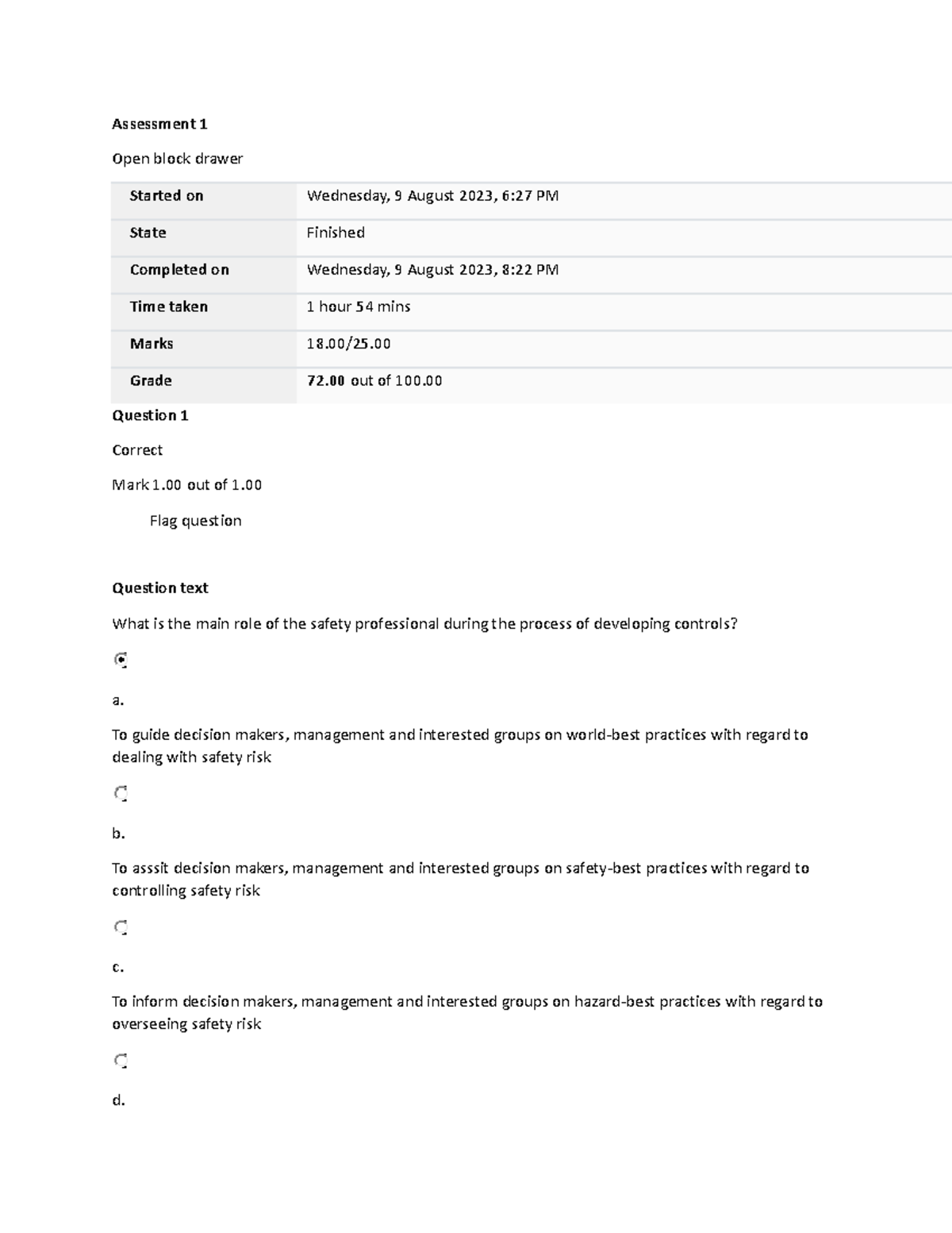 Ass 01 Quiz - Assessment 1 Open block drawer Started on State Wednesday ...