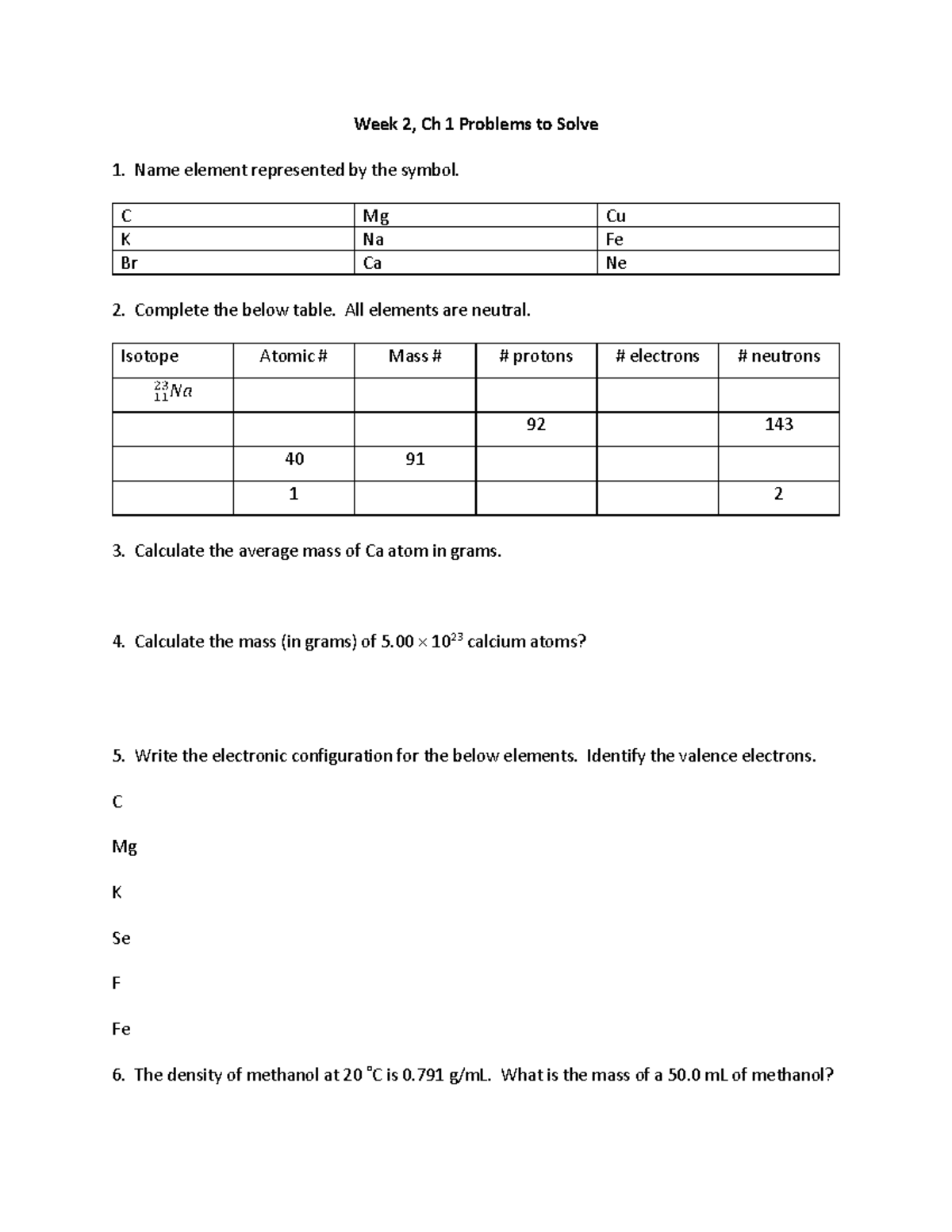 Worksheet 2, Ch 1 - Week 2, Ch 1 Problems to Solve Name element ...