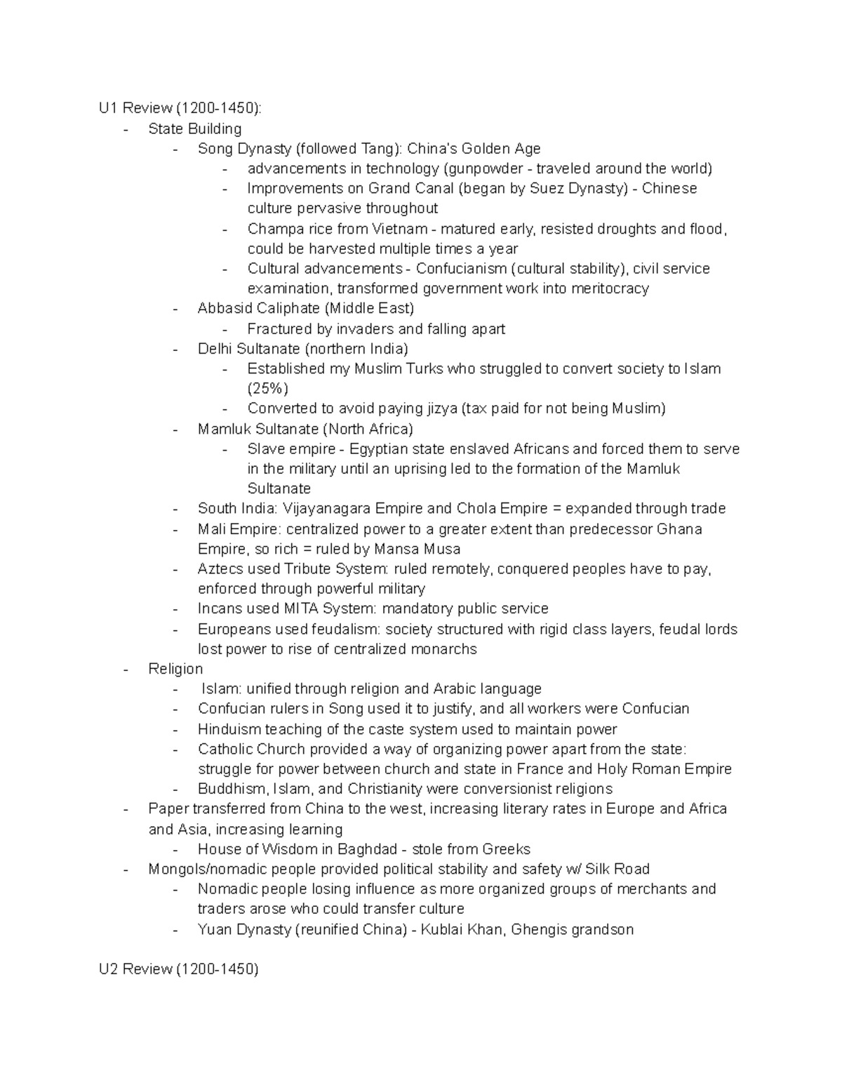 World History Notes 1200- Present - U1 Review (1200-1450): - State ...