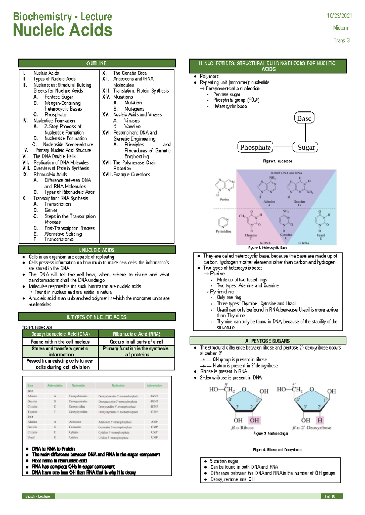 Biochemistry-Nucleic Acid - Bioch - Lecture 1 of 10 A. PENTOSE SUGARS ...