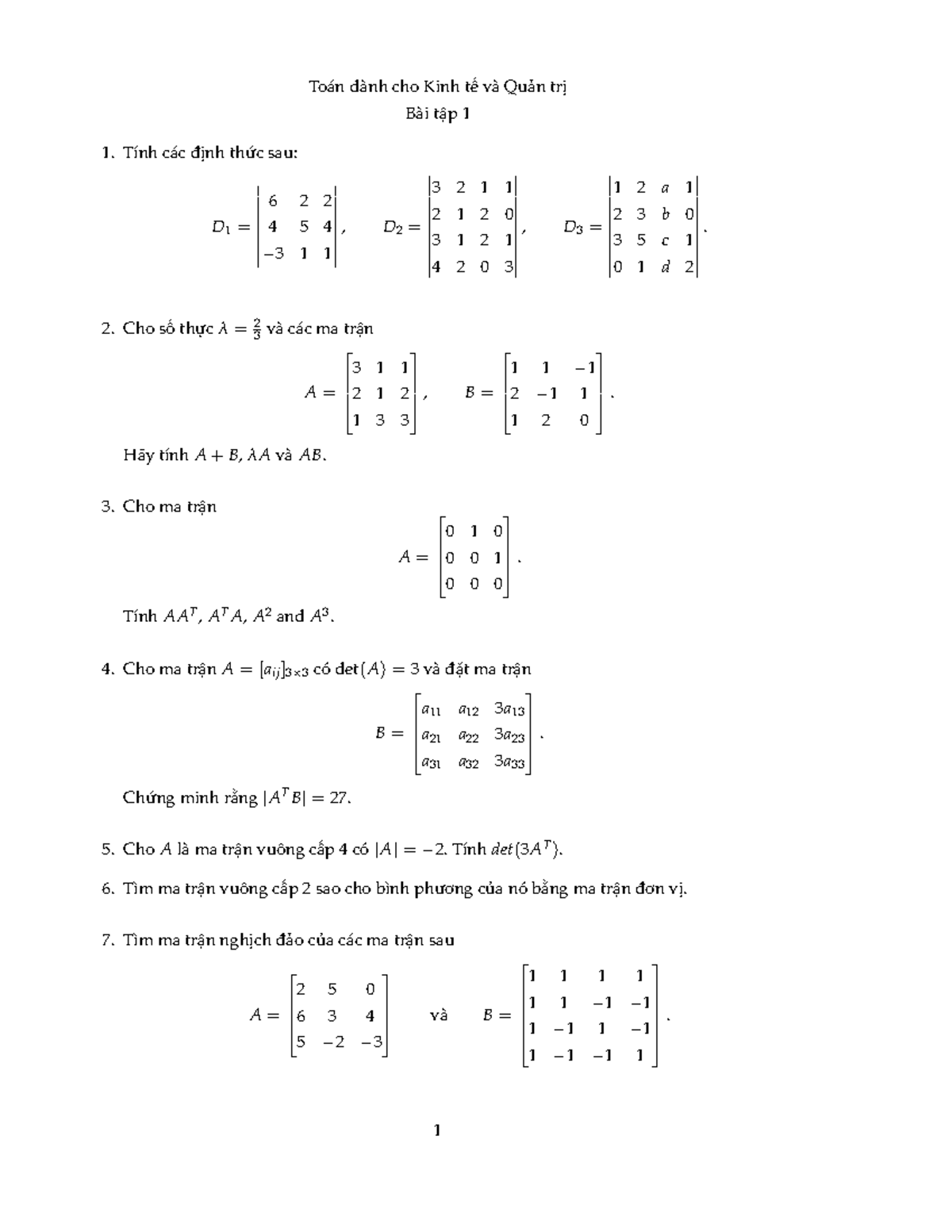 Bai tap 1 - Math - Toán dành cho Kinh tế và Quản trị Bài tập 1 Tính các ...