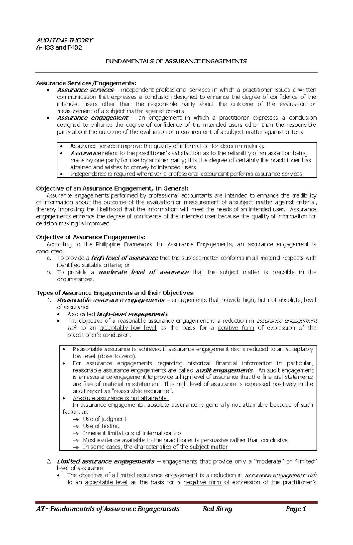 Assurance and non assurance - AUDITING THEORY A-433 and F FUNDAMENTALS ...