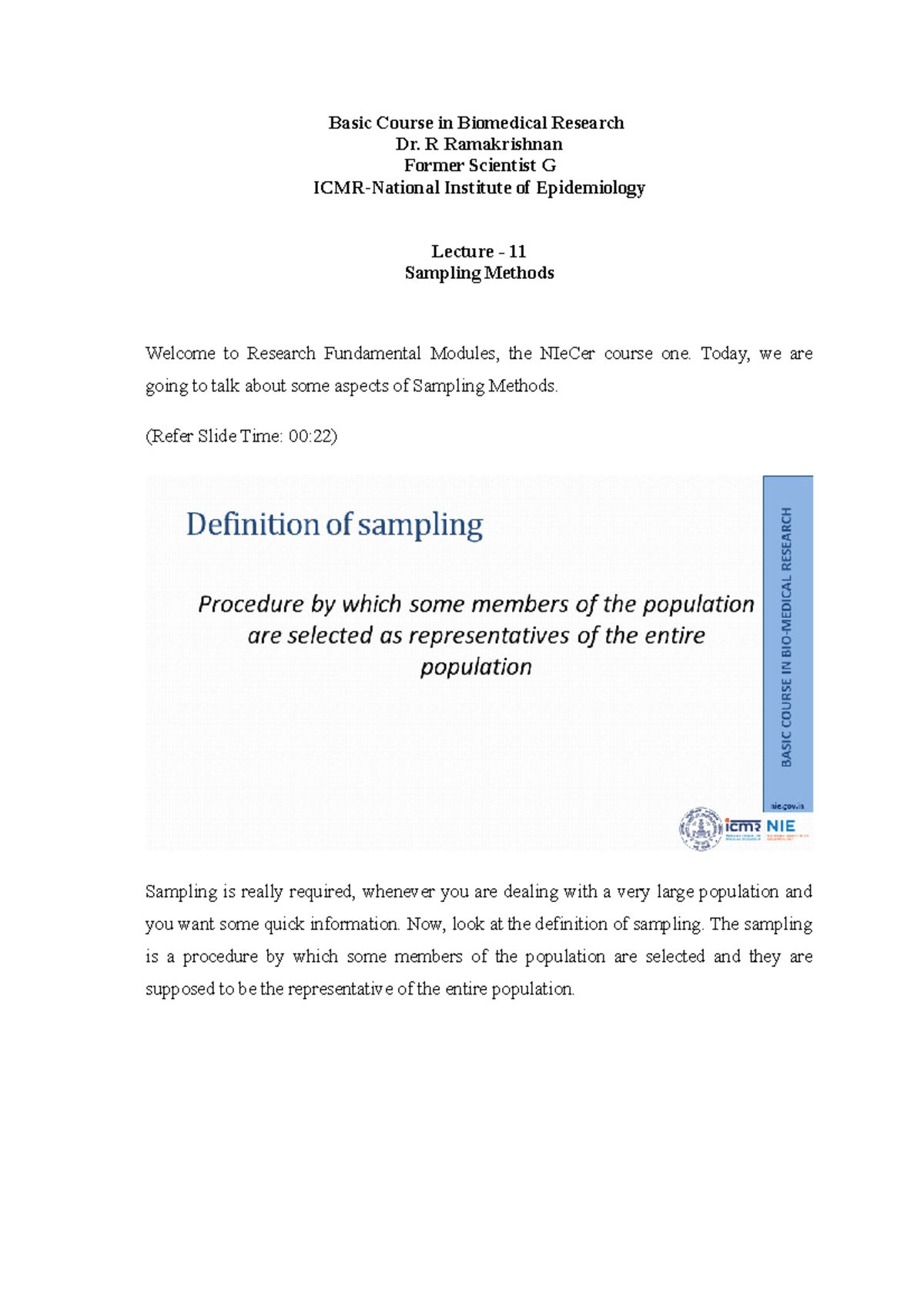 Lec-11 Sampling methods - Basic Course in Biomedical Research Dr. R ...