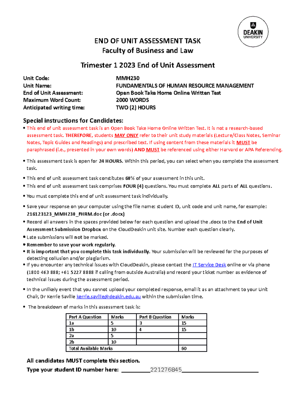 T1 2023 MMH230 End of Unit Assessment - END OF UNIT ASSESSMENT TASK ...