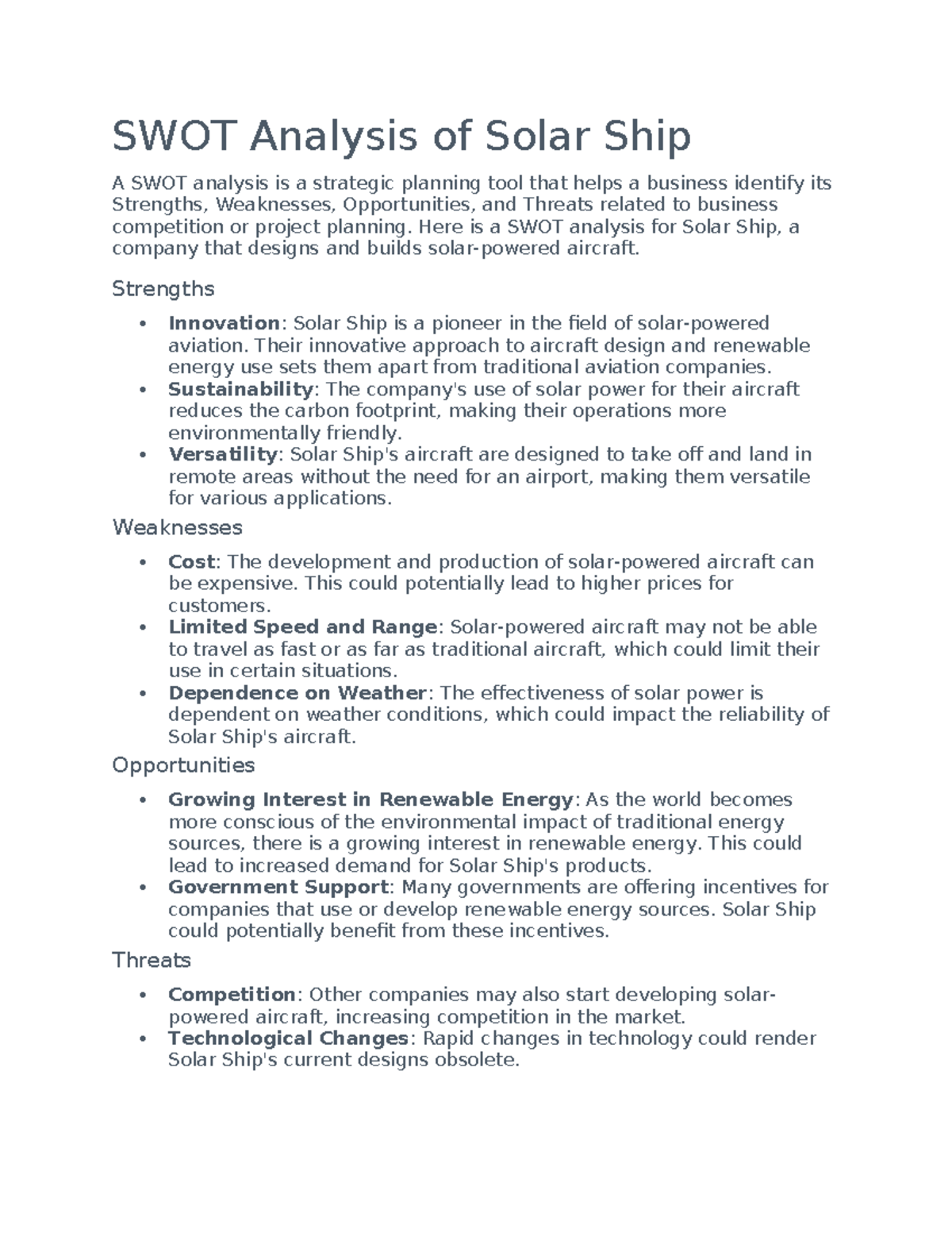 SWOT Analysis of Solar Ship - Here is a SWOT analysis for Solar Ship, a ...