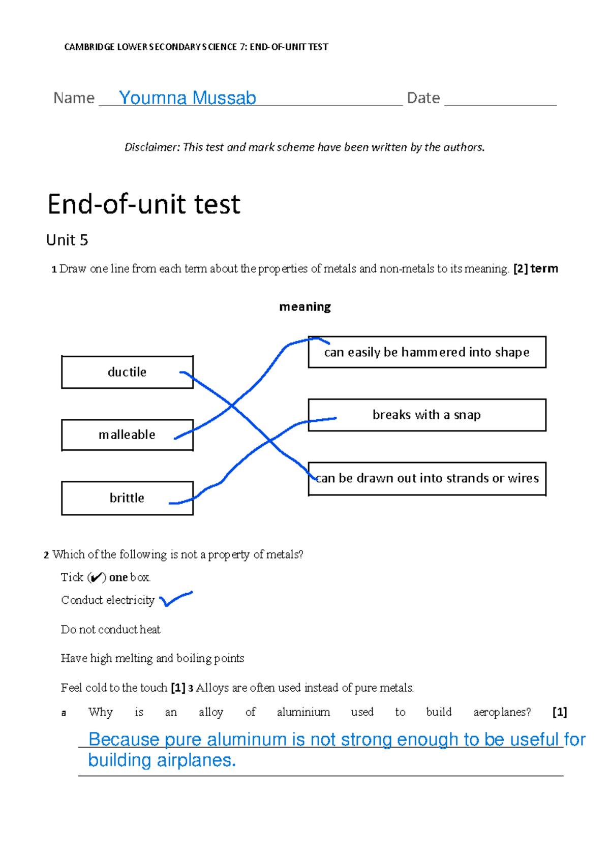 S7 End-of-unit Test 5 - S7 End-of-unit Test 5 - CAMBRIDGE LOWER ...