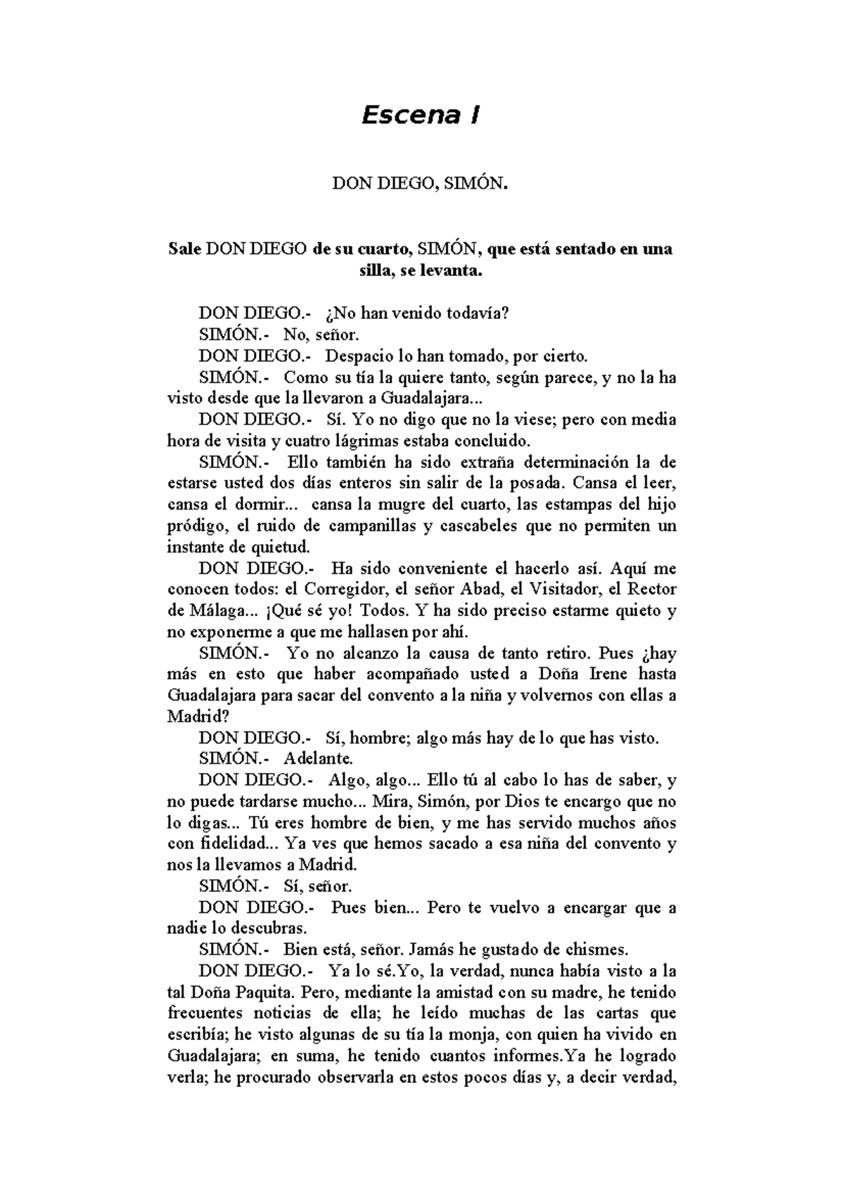 Libreto de el si de las niñas - Escena I DON DIEGO, SIMÓN. Sale DON ...