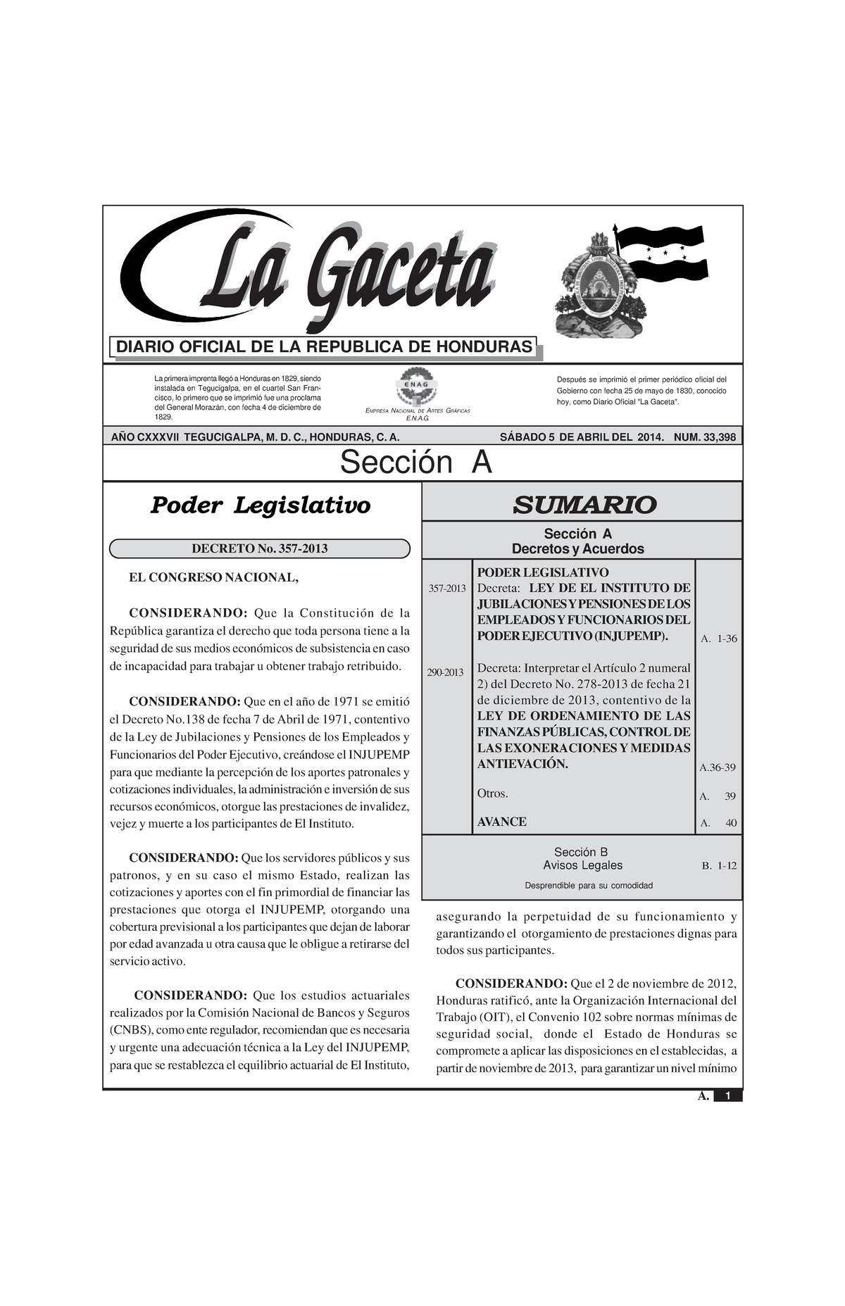 Nueva Ley de Injupemp 2014 - 1 La Gaceta REPÚBLICA DE HONDURAS - TEGUCIGALPA, M. D. C., 5 DE ...