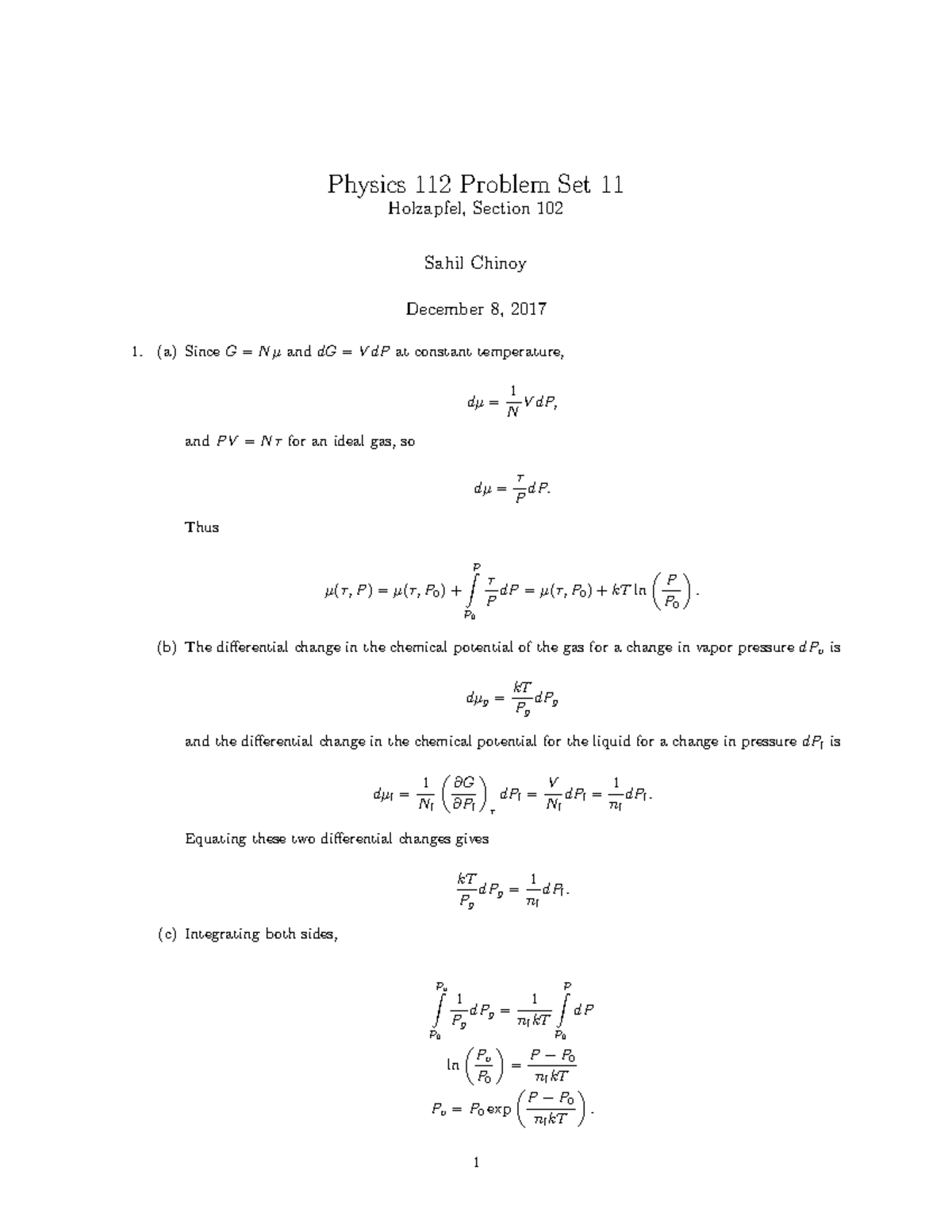 Hw11 - Hw11-Sets - Physics 112 Problem Set 11 Holzapfel, Section 102 Sahil Chinoy December 8 ...