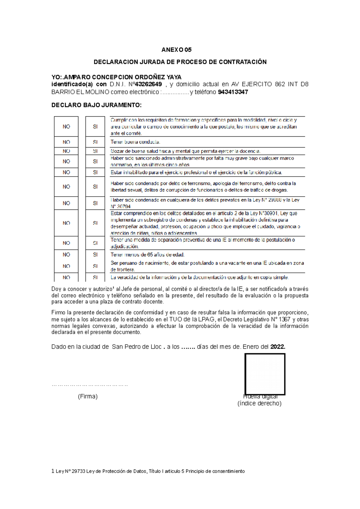 Anexo 5 declaracion jurada para proceso contratacion - ANEXO 05 DECLARACION JURADA DE PROCESO DE ...