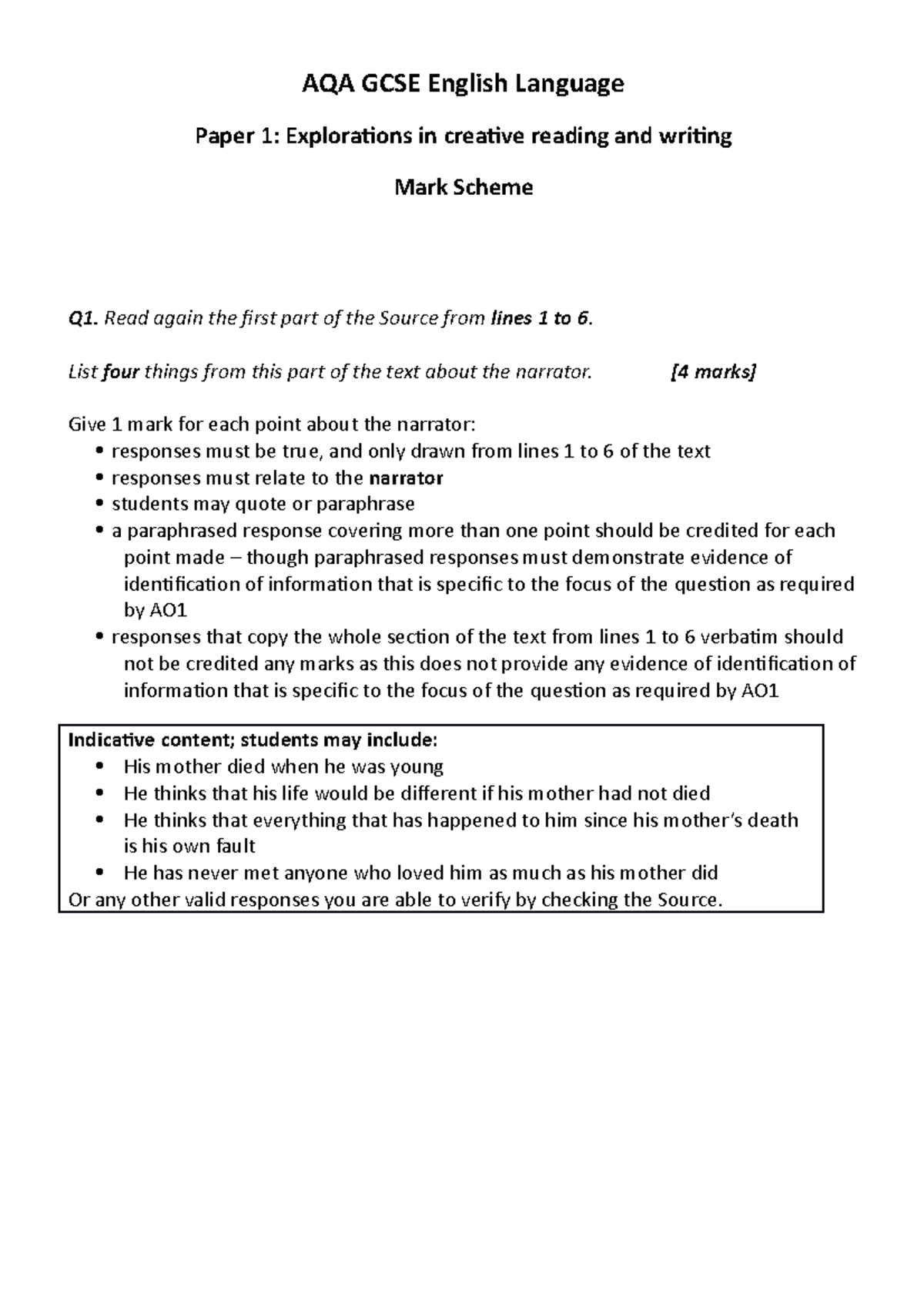 AQA English Language Sample Paper 1b Mark Scheme - AQA GCSE English ...