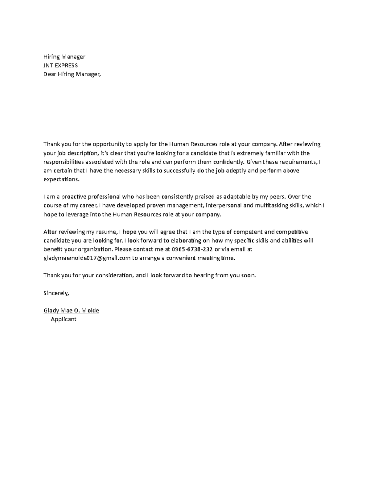 HR - LESSON PLAN - Hiring Manager JNT EXPRESS Dear Hiring Manager ...