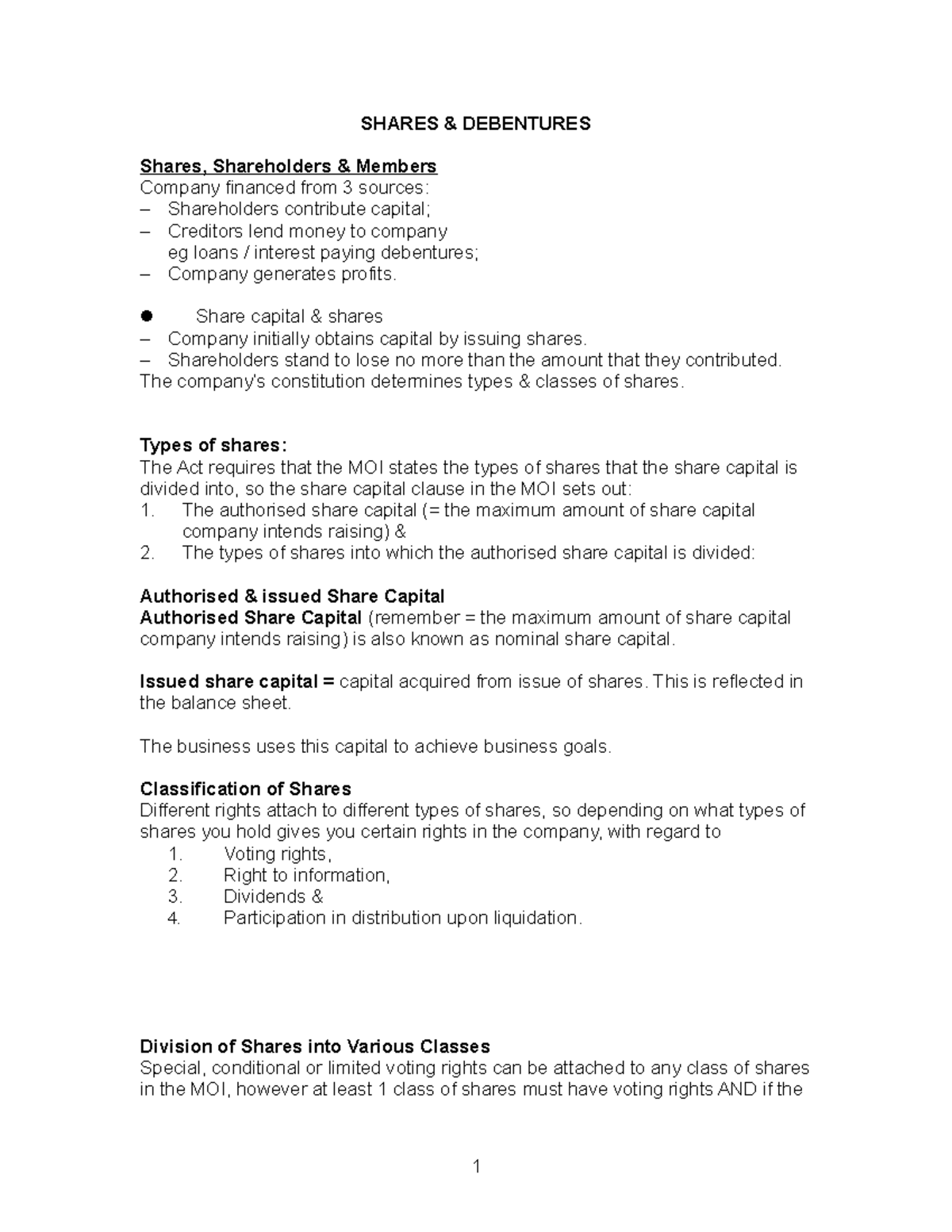 Week 7 shares - notes - SHARES & DEBENTURES Shares, Shareholders ...