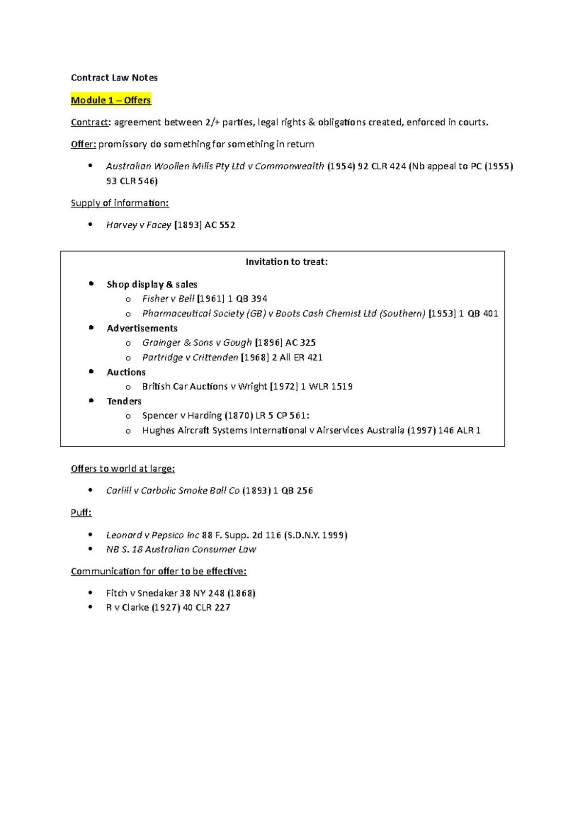 Contract Intro Notes Contract Law 1 Agreement Between Parties Legal Rights Obligations
