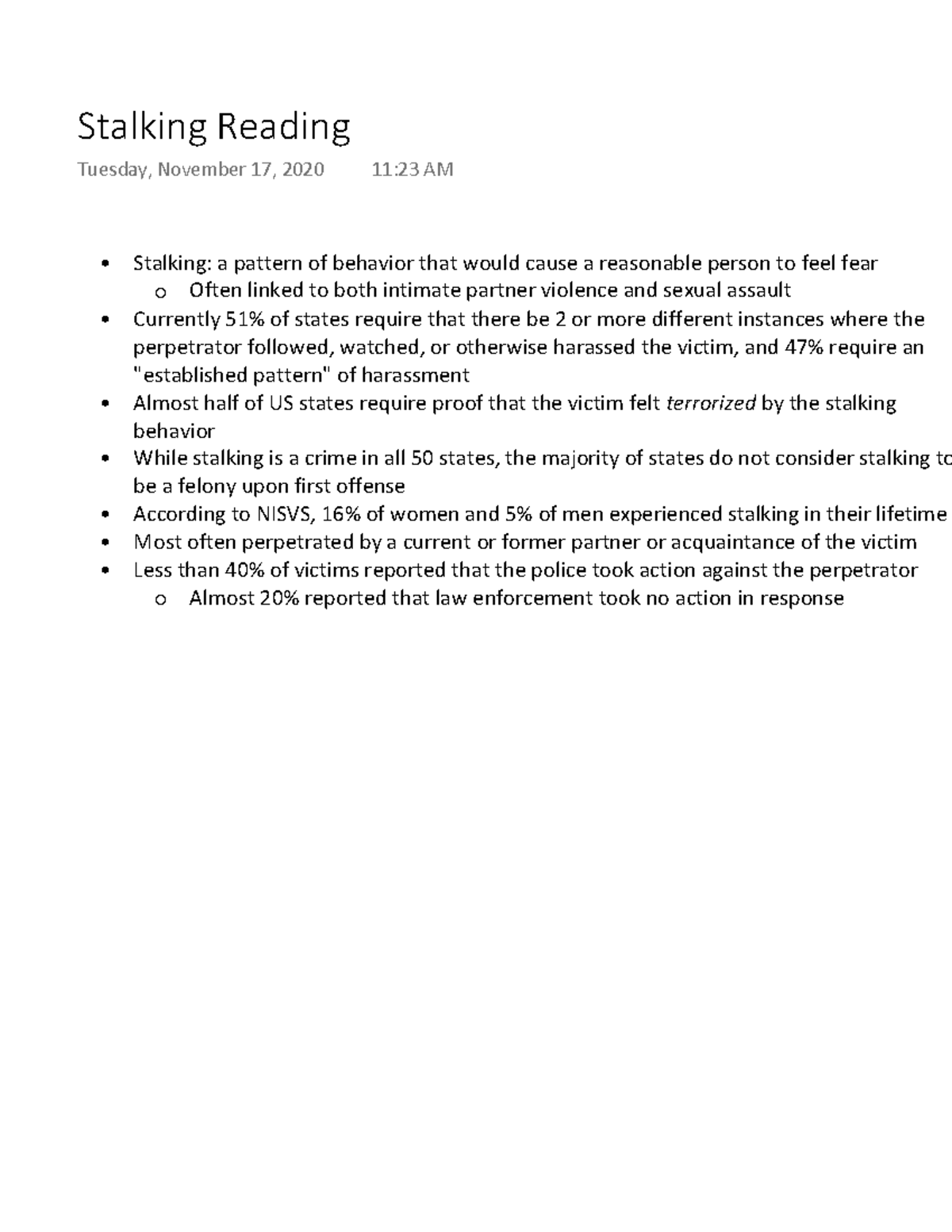 Stalking Reading - Lecture notes 14 - Stalking: a pattern of behavior ...