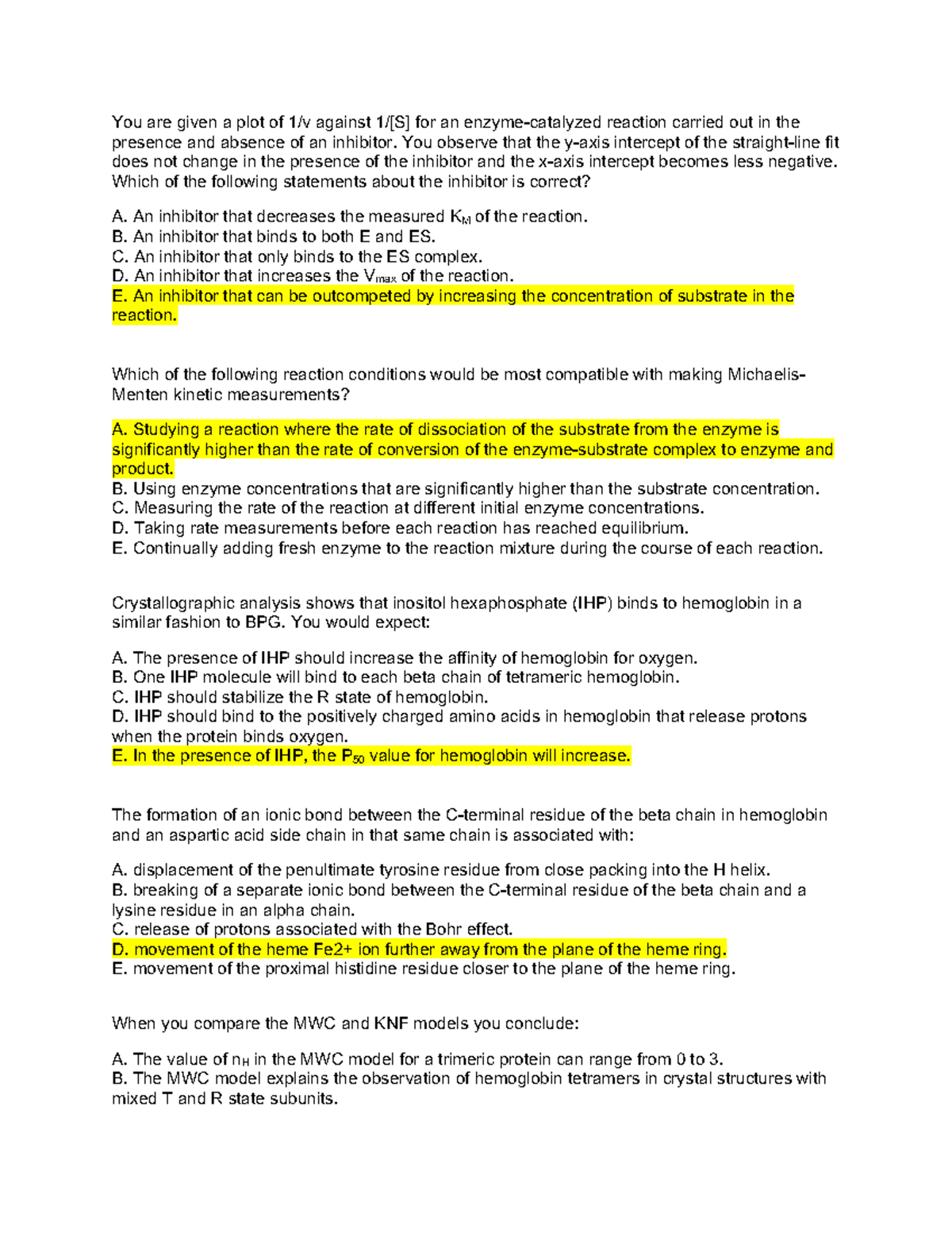 Midterm 2 Practice Questions 2019 Answer Key - You are given a plot of 1/v against 1/[S] for an ...