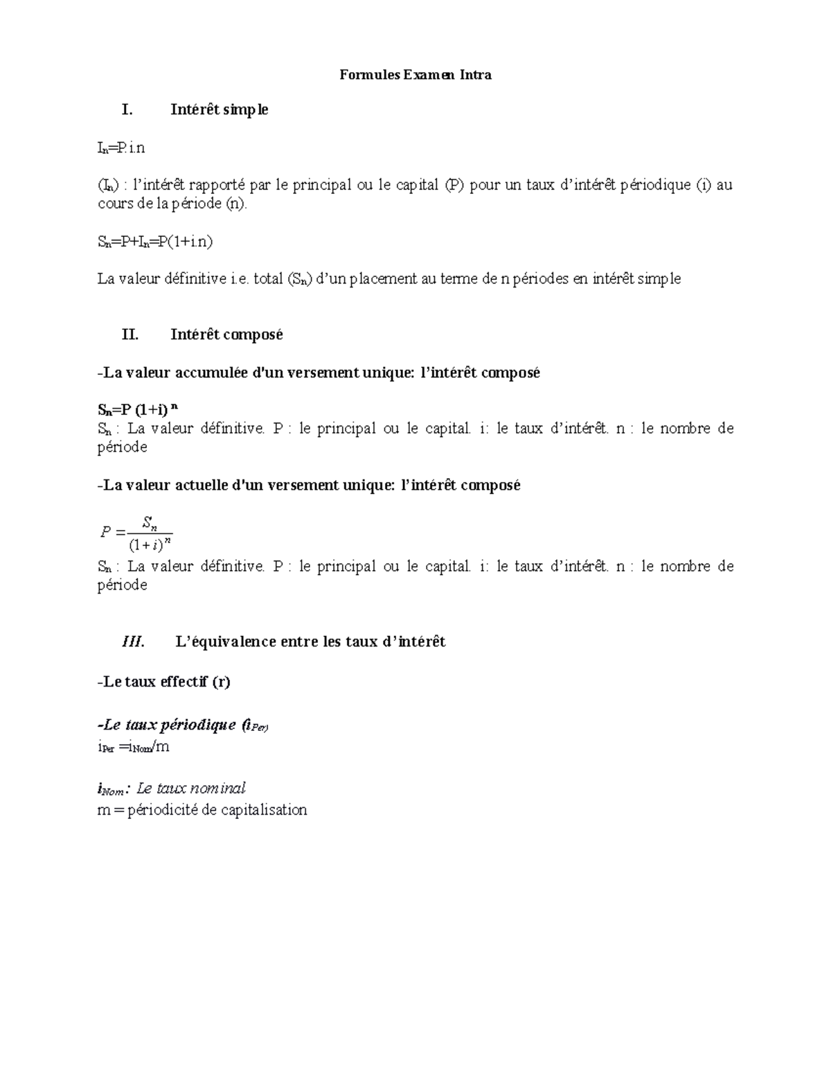 Feuille de formule de l'exam INTRA - Formules Examen Intra I. Intérêt ...