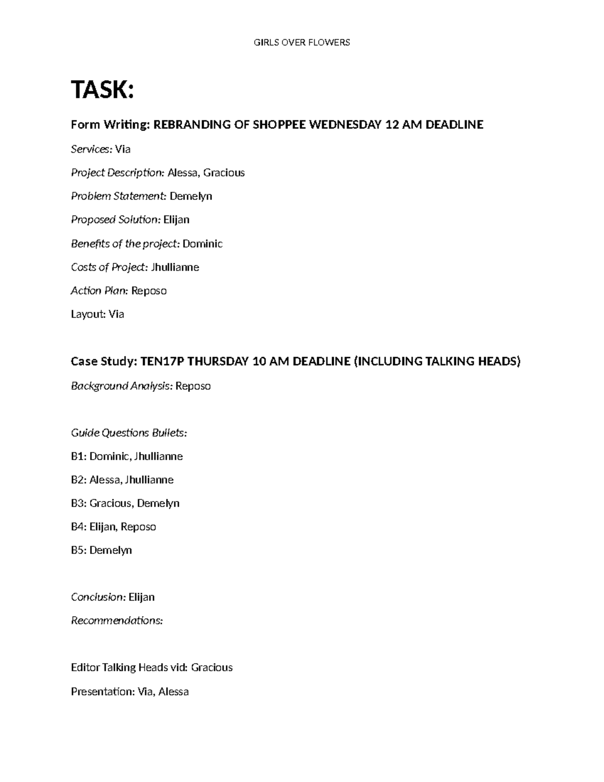 Tasking FORM AT CASE Study - GIRLS OVER FLOWERS TASK: Form Writing ...