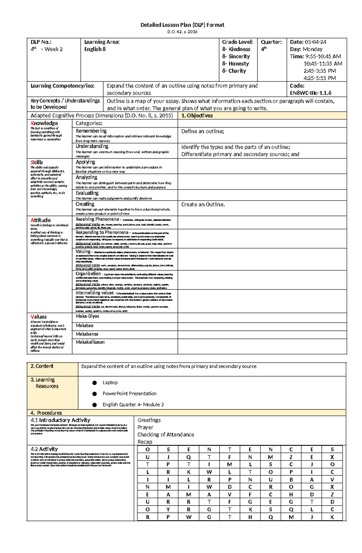 DLP of Outline of Using Notes from Primary and Secondary Sources ...