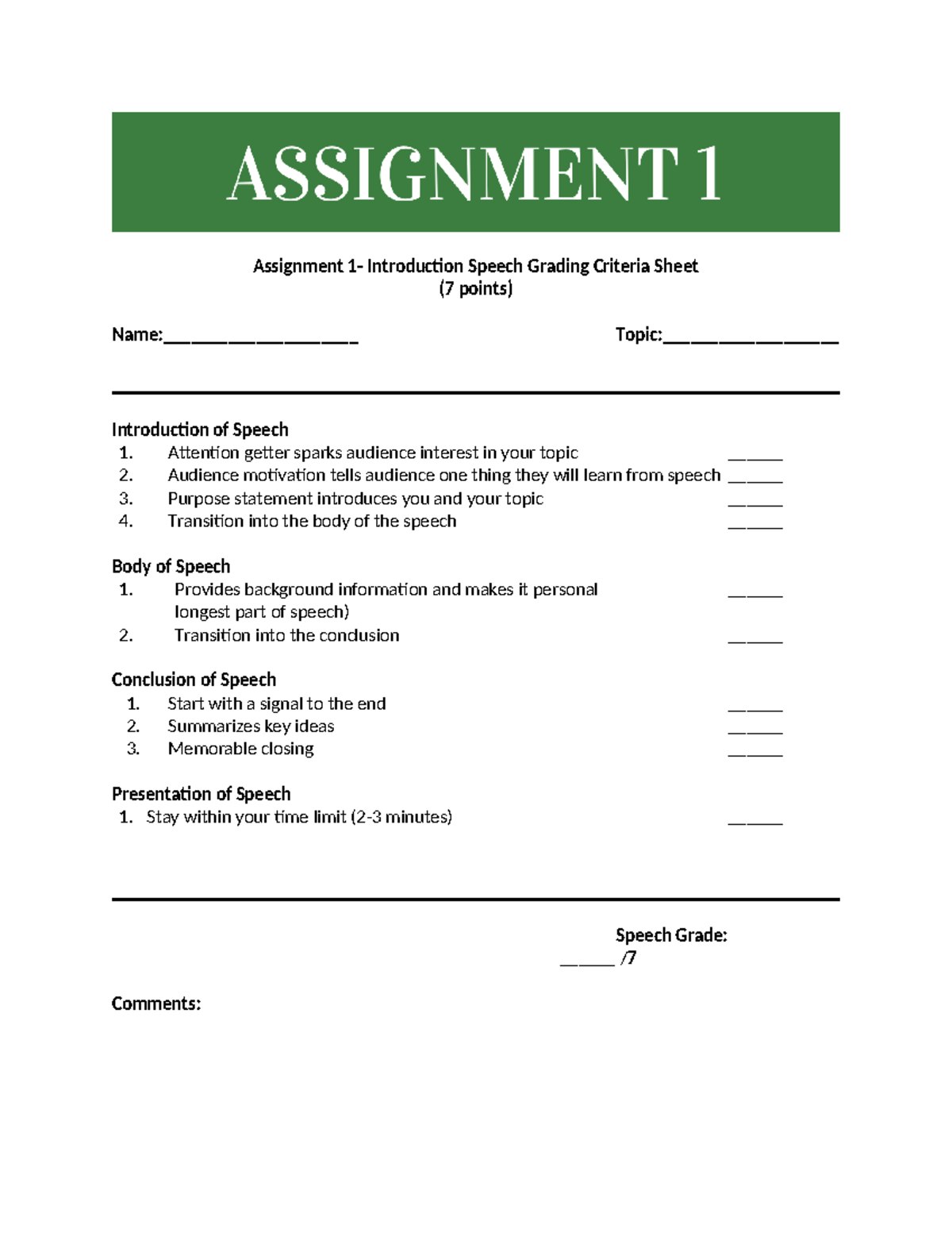 Assignment 1- Introduction Speech Grading Criteria Sheet - Studocu