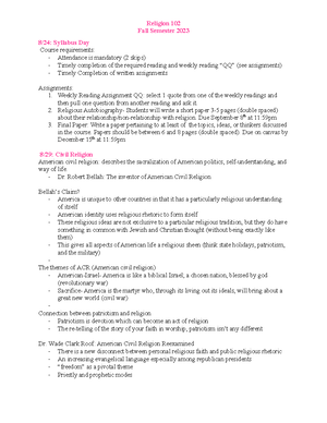 Test 1 notes - Religion 102 - Michael Brislen test 1 - Religion is a ...