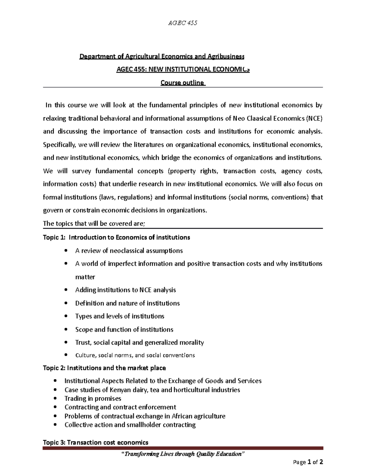 NIE Course outline 2 - AGEC 455 Department of Agricultural Economics ...