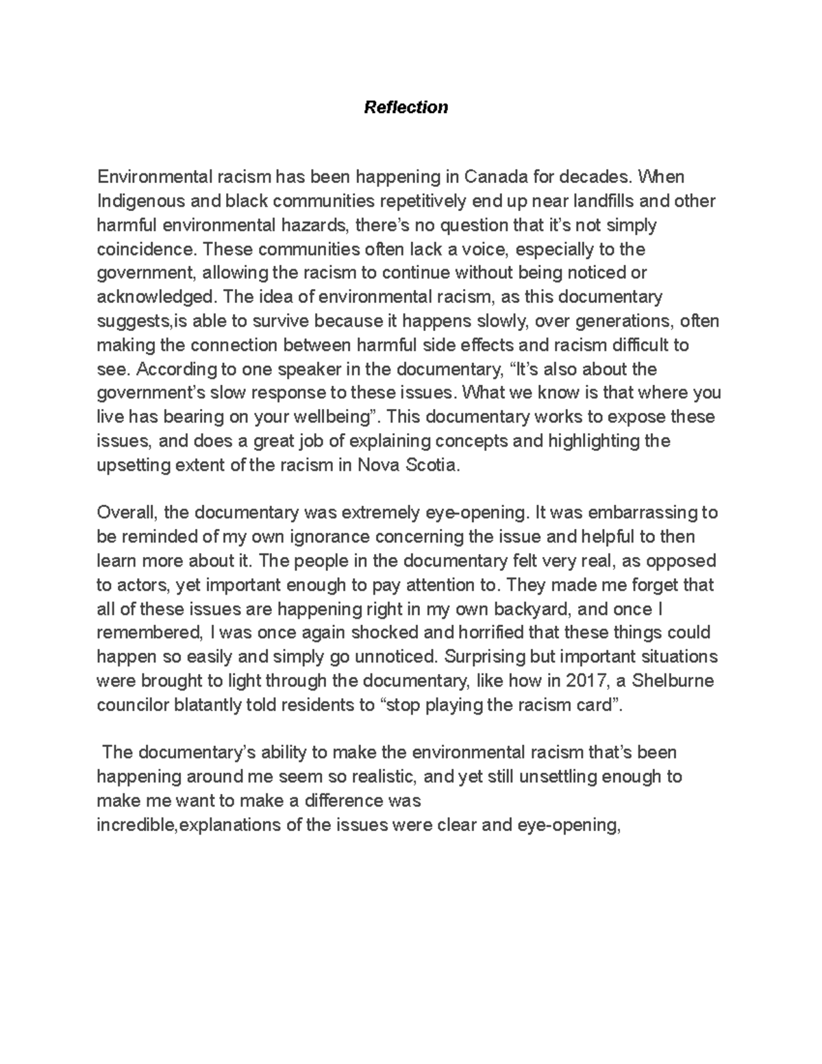 Reflection - Reflection Environmental racism has been happening in ...