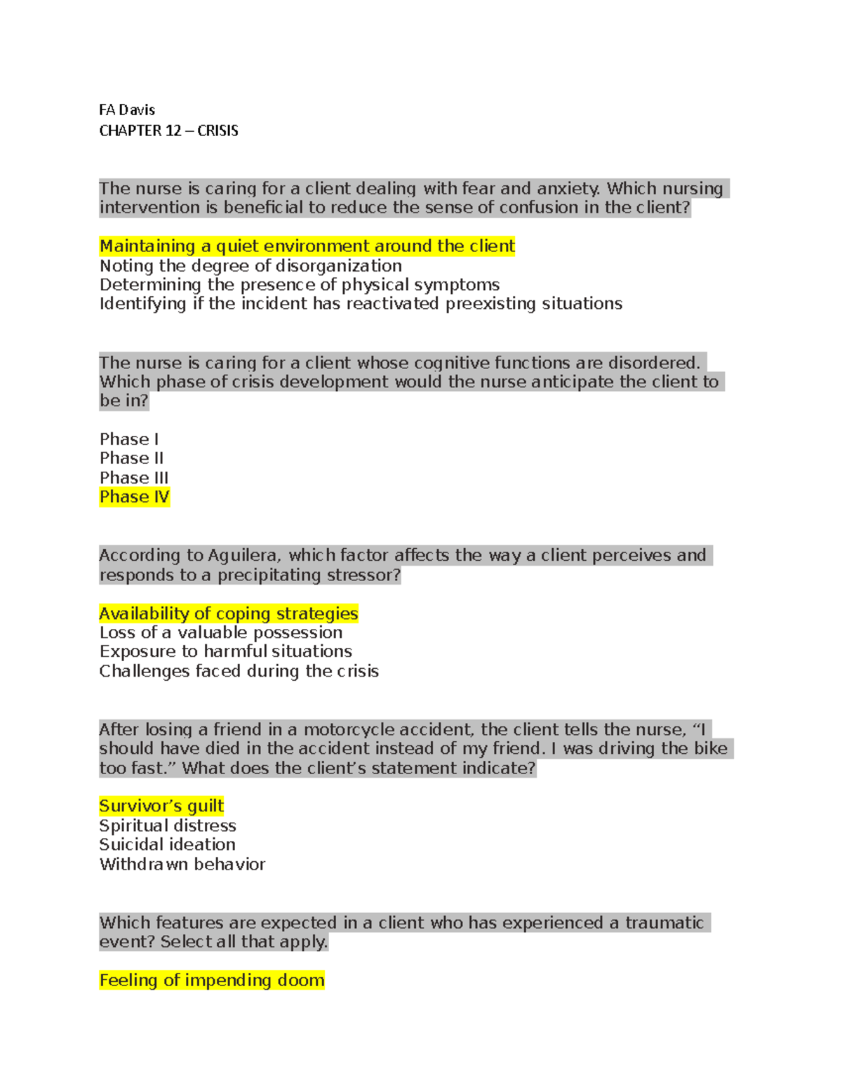 FA Davis Questions MH Ch 12 Crisis FA Davis CHAPTER 12 CRISIS