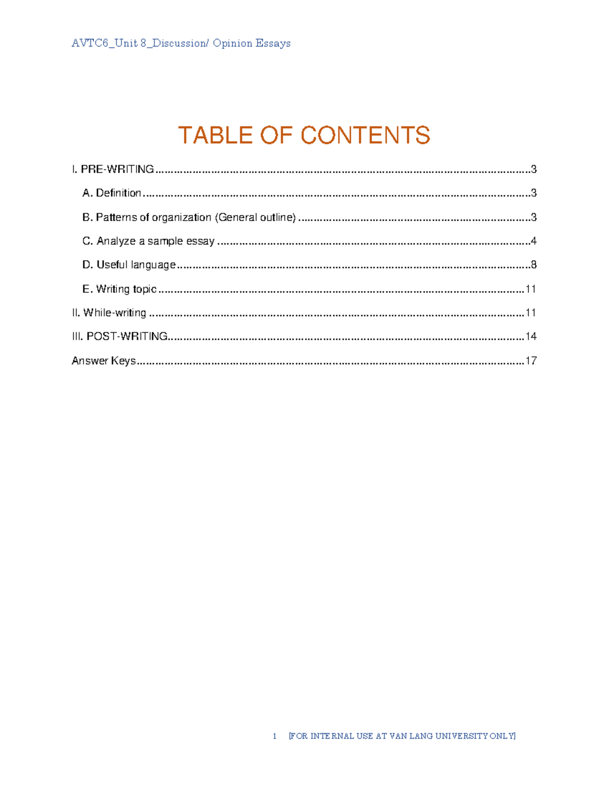 Official] AVTC6 - Unit 8 - Discussion Essays - TABLE OF CONTENTS I. PRE ...
