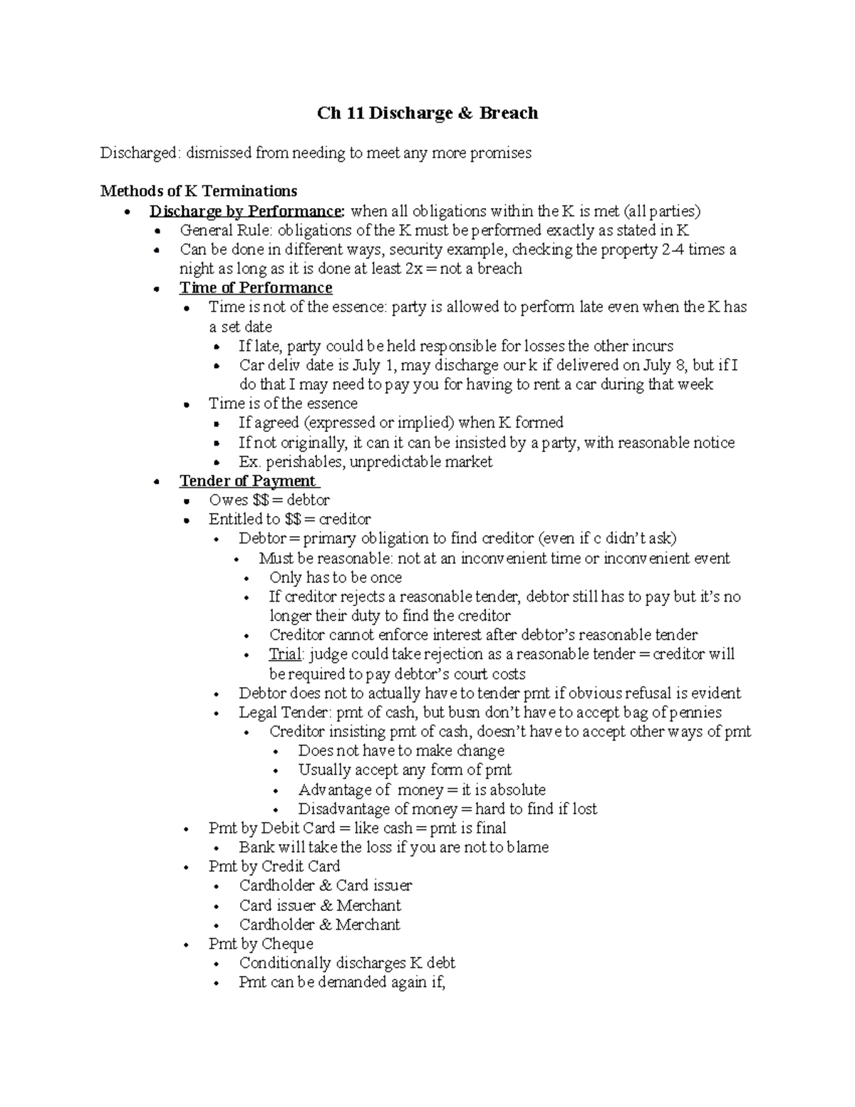 Ch 11 Discharge & Breach Summary - BLAW 1320 - Ch 11 Discharge & Breach ...