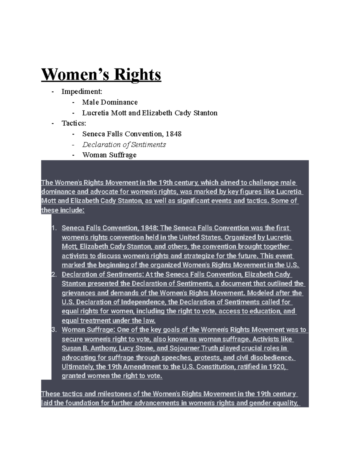 Women’s Rights and how it influenced the u S Key Questions - Women’s ...
