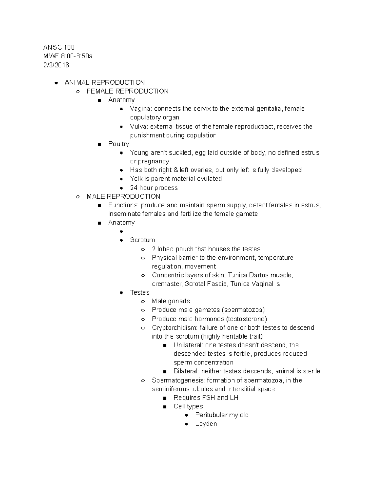 ANSC100_Lecture4 - ANSC 100 MWF 8:00-8:50a 2/3/2016 ANIMAL REPRODUCTION ...