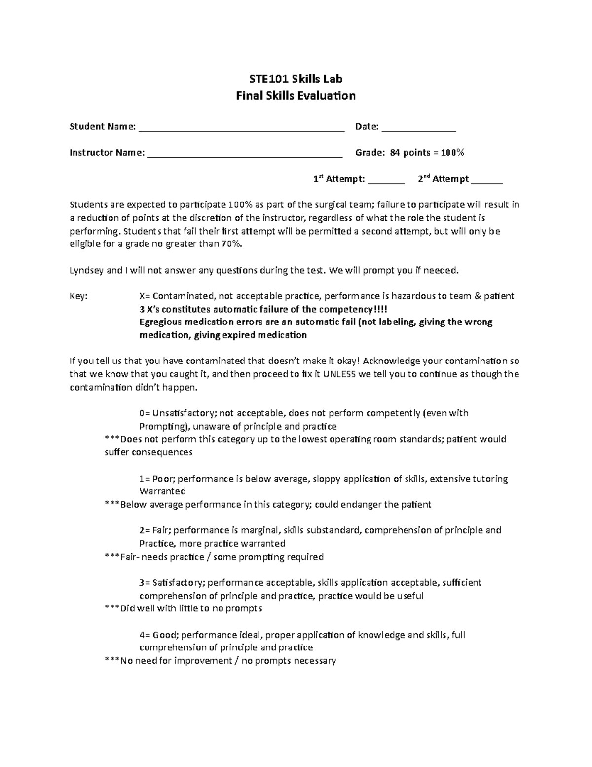 Skills review 101 students - STE101 Skills Lab Final Skills Evaluation ...