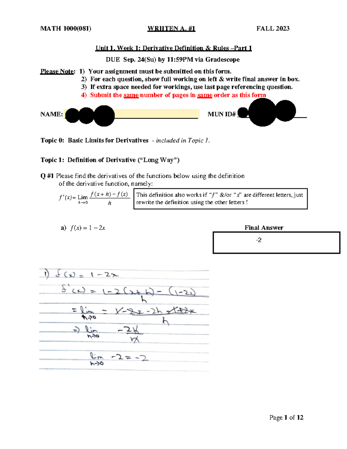 Assignment 1-fall 2023 - MATH 1000(081) WRIITEN A. #1 FALL 2023 Unit 1 ...