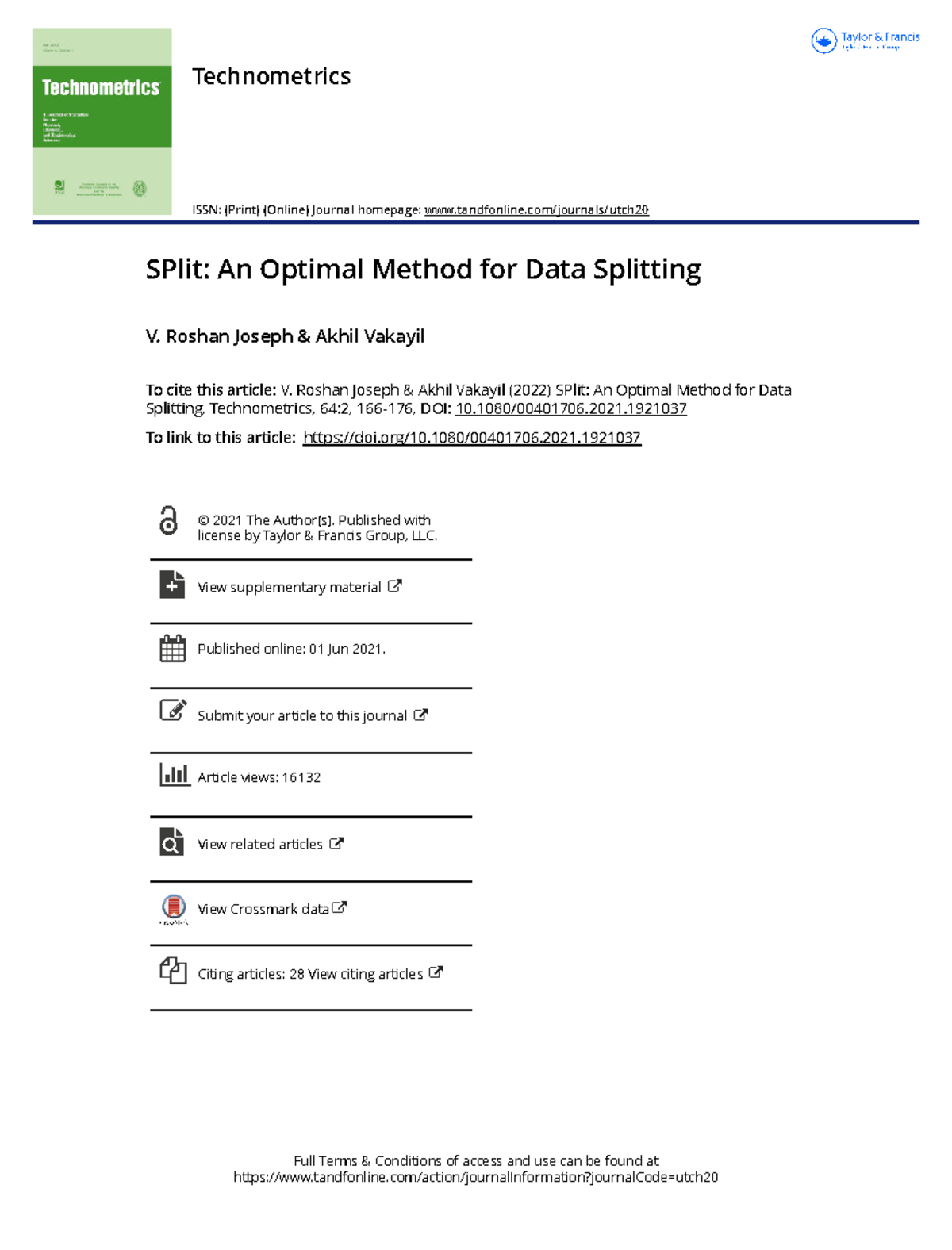 SPlit An Optimal Method for Data Splitting - Full Terms & Conditions of access and use can be ...