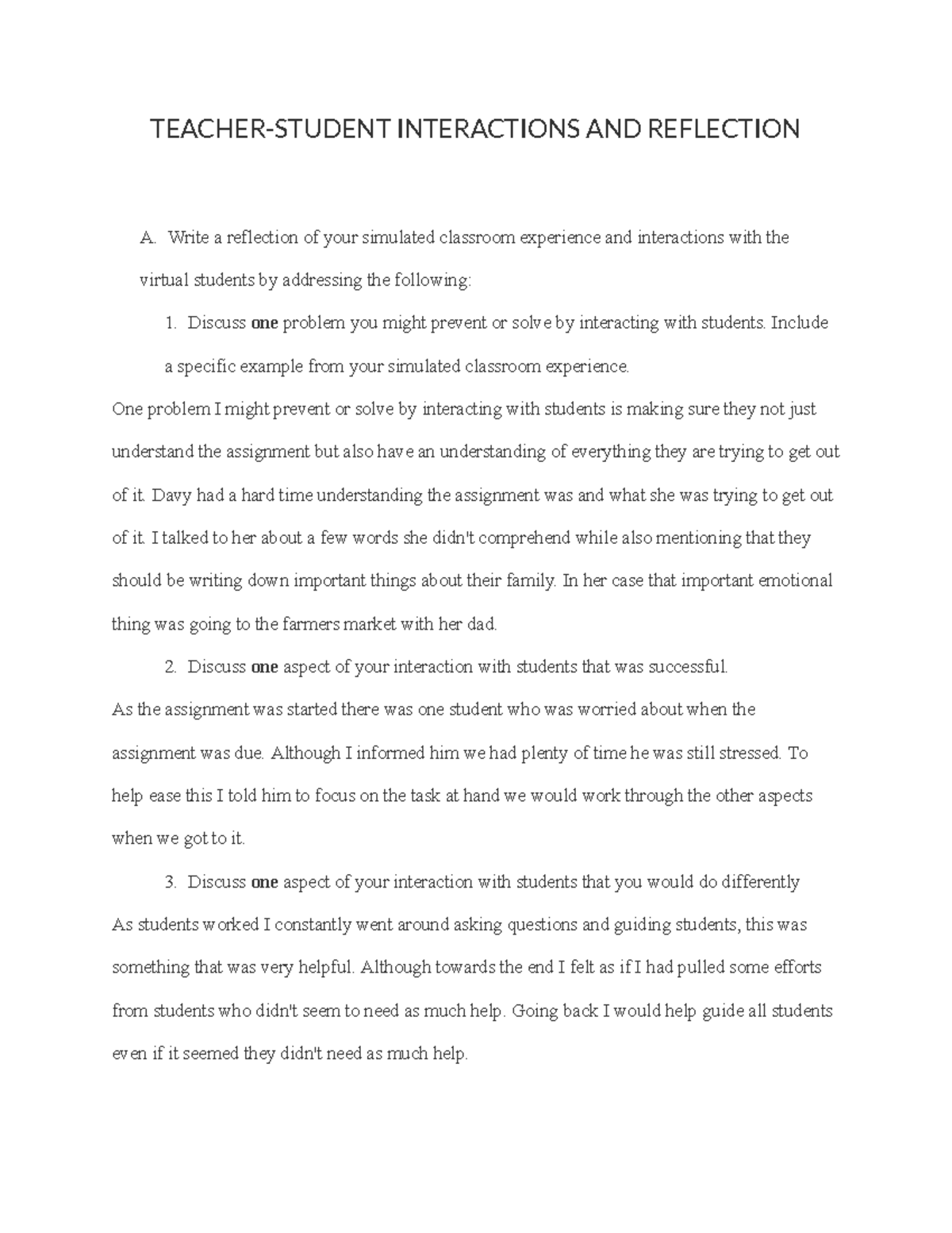 Teacher- Student Interactions AND Reflection-2 - TEACHER-STUDENT ...