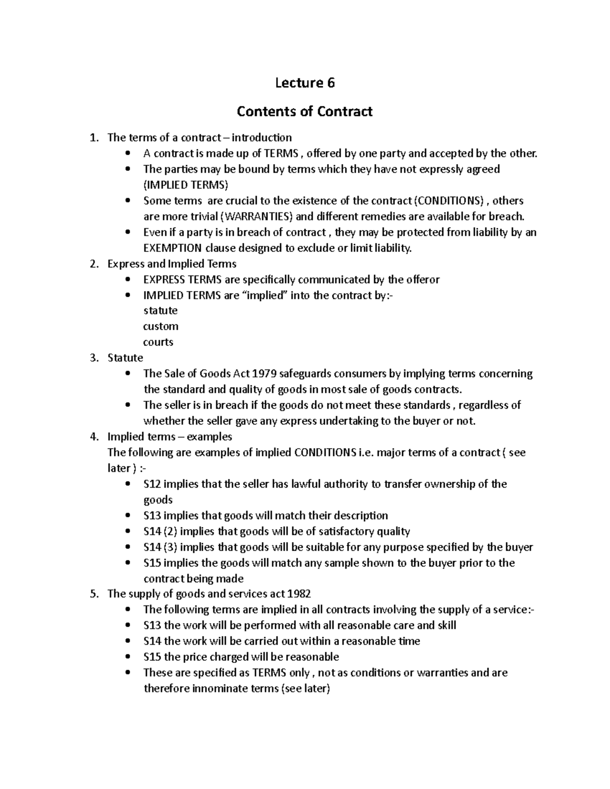 Contents of Contract - The terms of a contract – introduction A ...