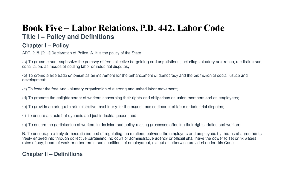 Book Five - SASA - Book Five – Labor Relations, P. 442, Labor Code ...