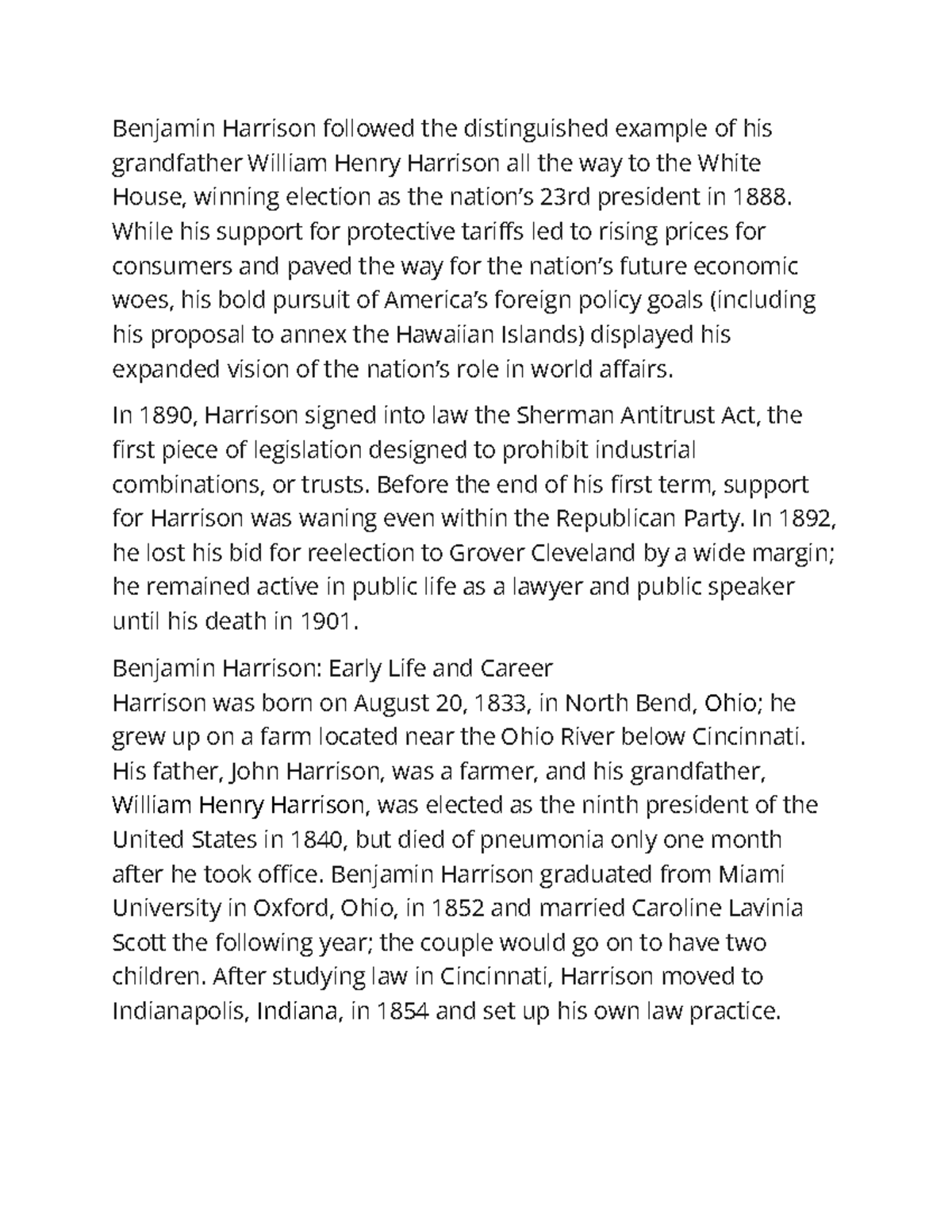 Benjamin Harrison - Notes - Benjamin Harrison followed the ...
