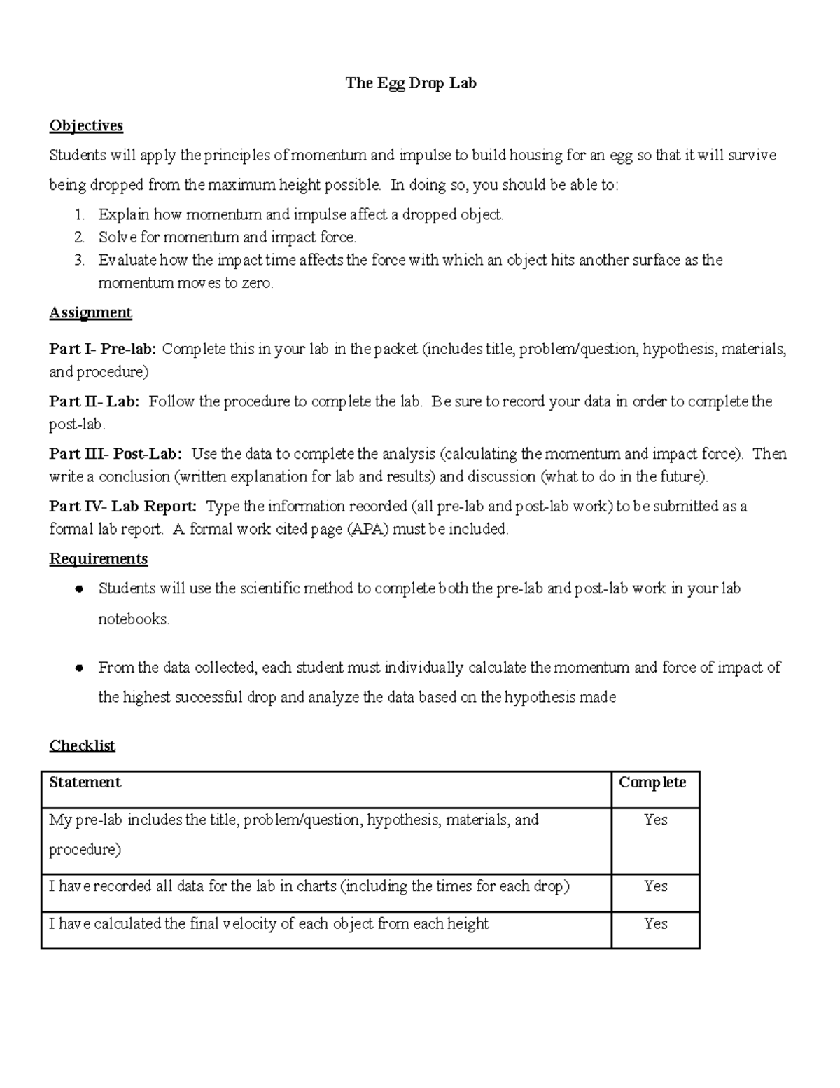 Egg Drop Lab Report - .... - The Egg Drop Lab Objectives Students will ...