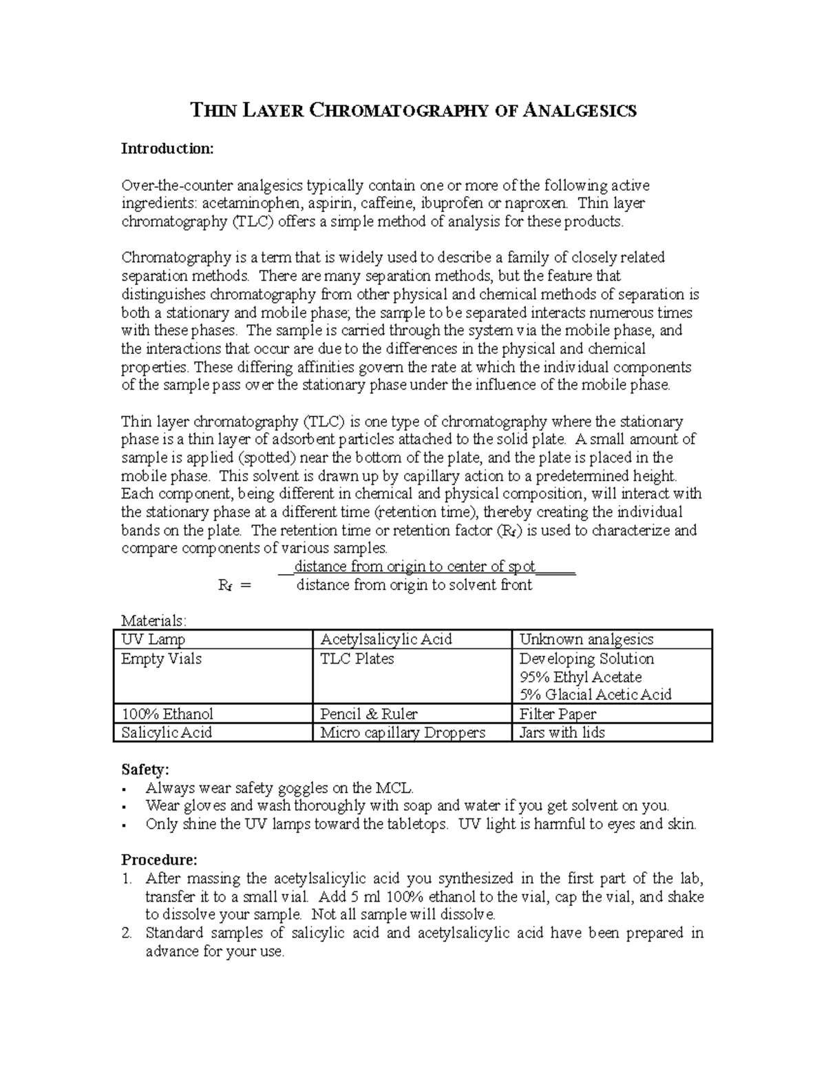 Analgesic thin layer chromatographydoc - THIN LAYER CHROMATOGRAPHY OF ANALGESICS Introduction ...