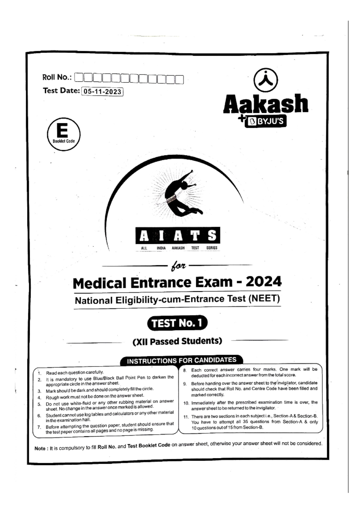 Aiats-01 Practice P1 - Roll No.: Test Date: Aakash B E Booklet Code A I ...