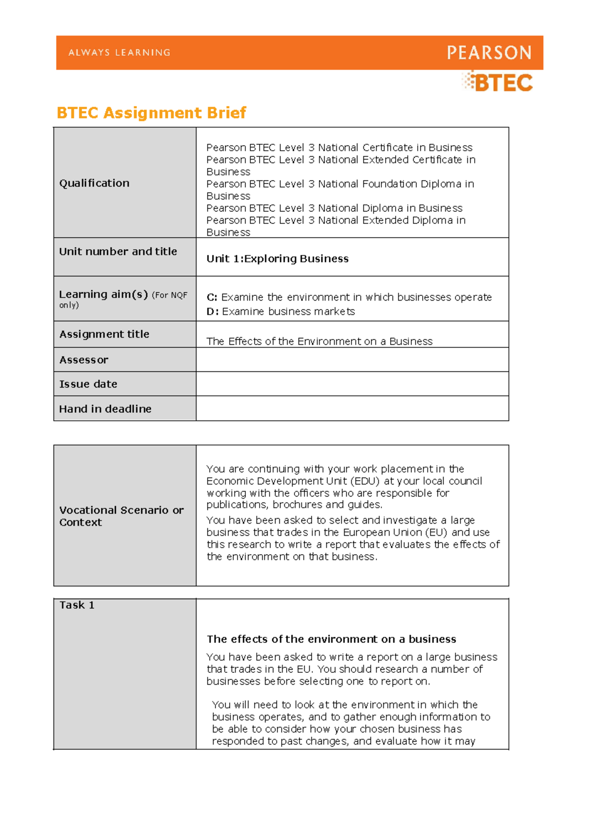 Authorised Assignment Brief for Learning Aims C and D Unit 1 Exploring Business Version 2 April ...